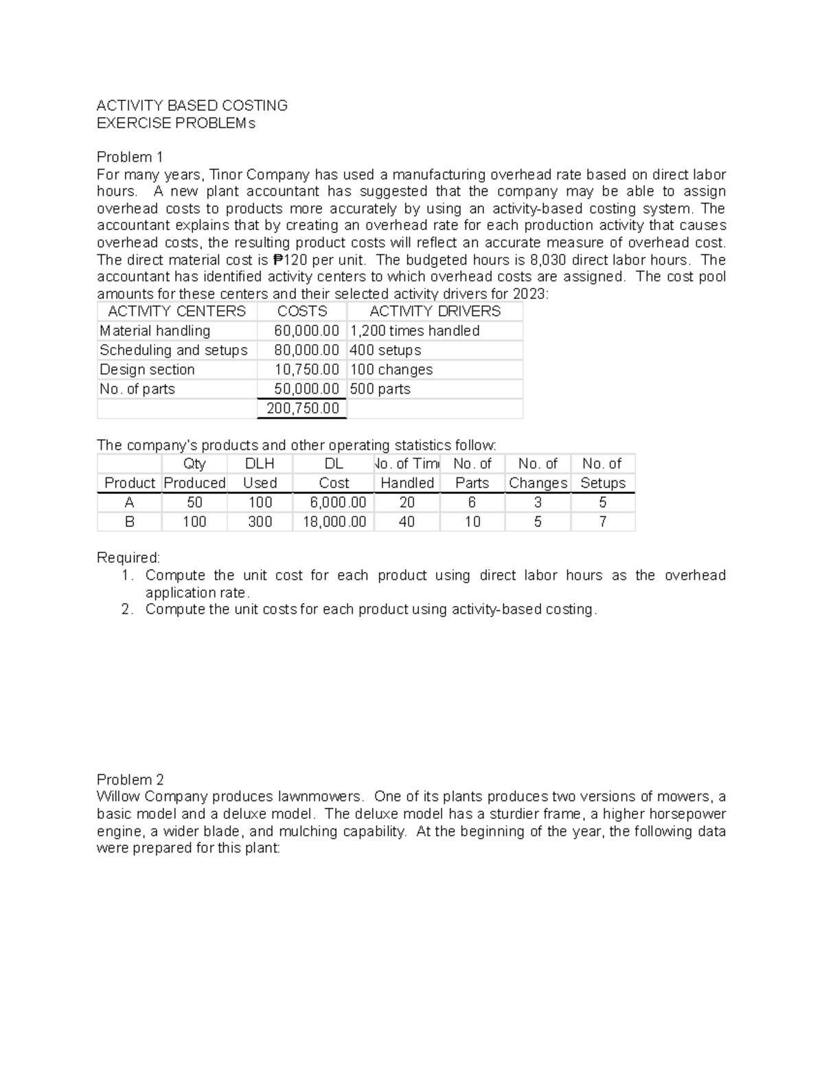 ABC Activity-Based Costing Exercises: Unit Costs for Products - Studocu