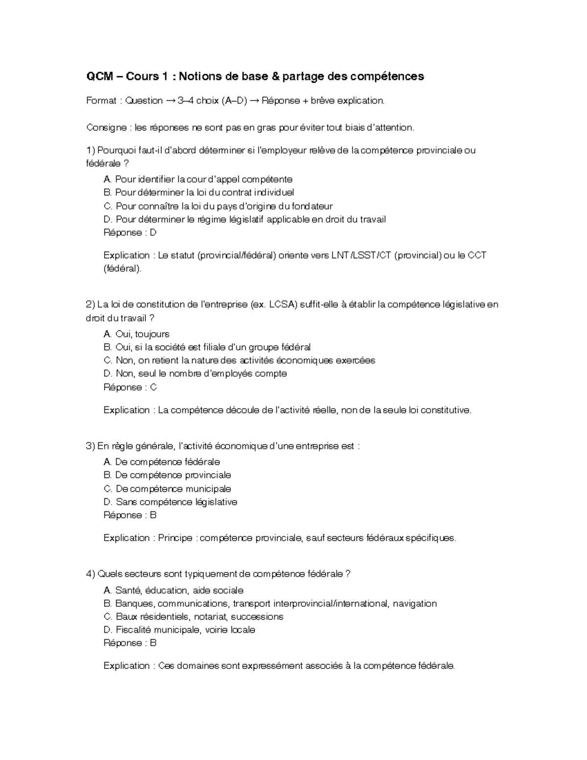 QCM Cours 1 : Notions de base sur la compétence législative en droit du ...