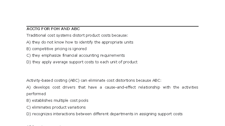 ACCTG 101: Understanding FOH and ABC Costing Systems - Studocu