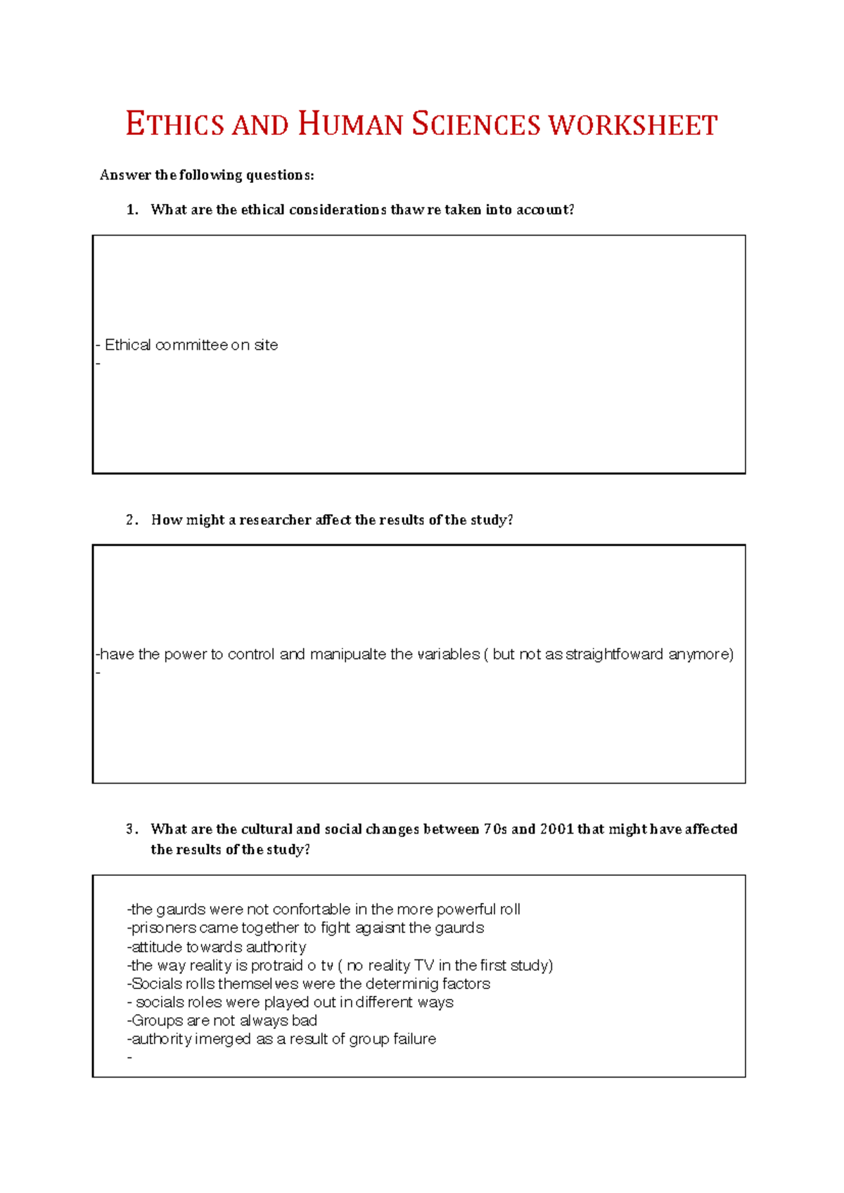 ETHICS AND HUMAN SCIENCES WORKSHEET: Key Considerations and Changes ...