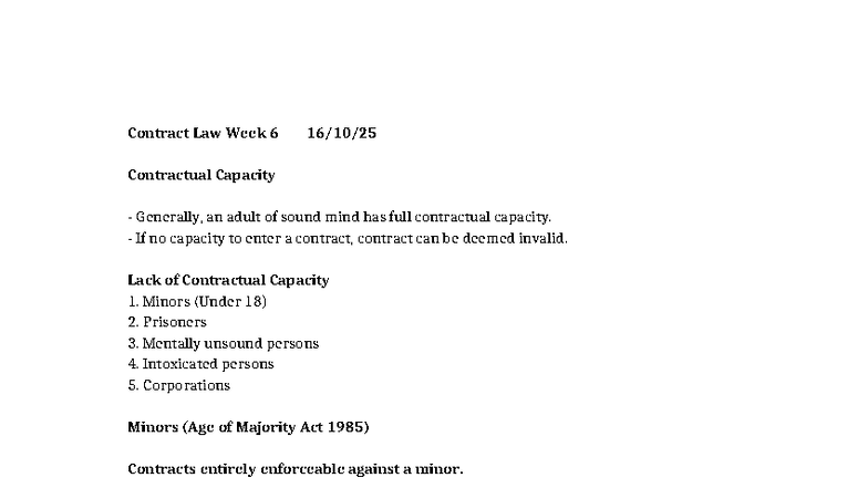 Contract Law (LAW101) Week 6: Understanding Contractual Capacity - Studocu