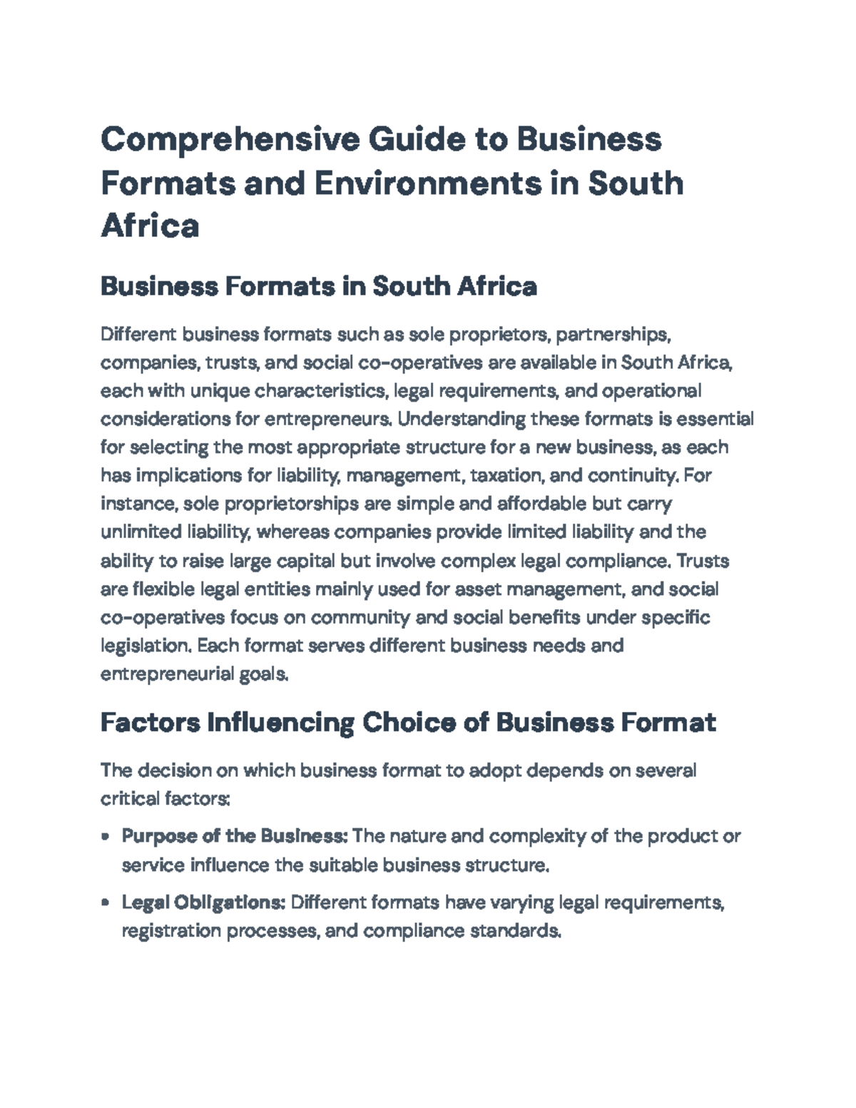 Comprehensive Guide to Business Formats & Environments in SA - Studocu