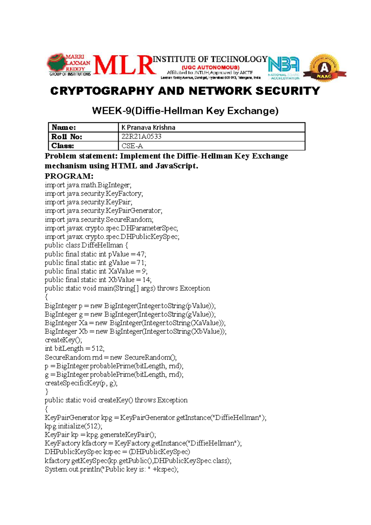 CRYPTOGRAPHY AND NETWORK SECURITY (CNS) Key Exchange Implementation - Studocu