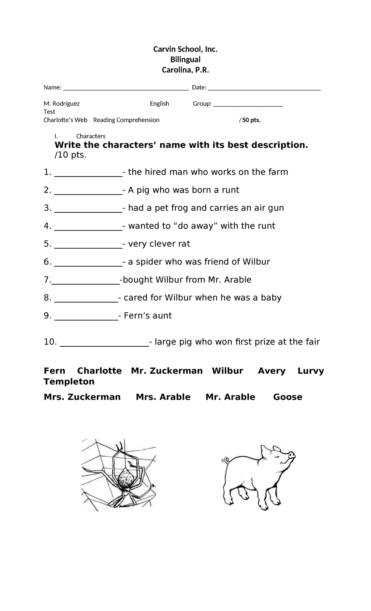 ENG 605724111 Charlotte's Web Reading Comprehension Test 2022 - Studocu
