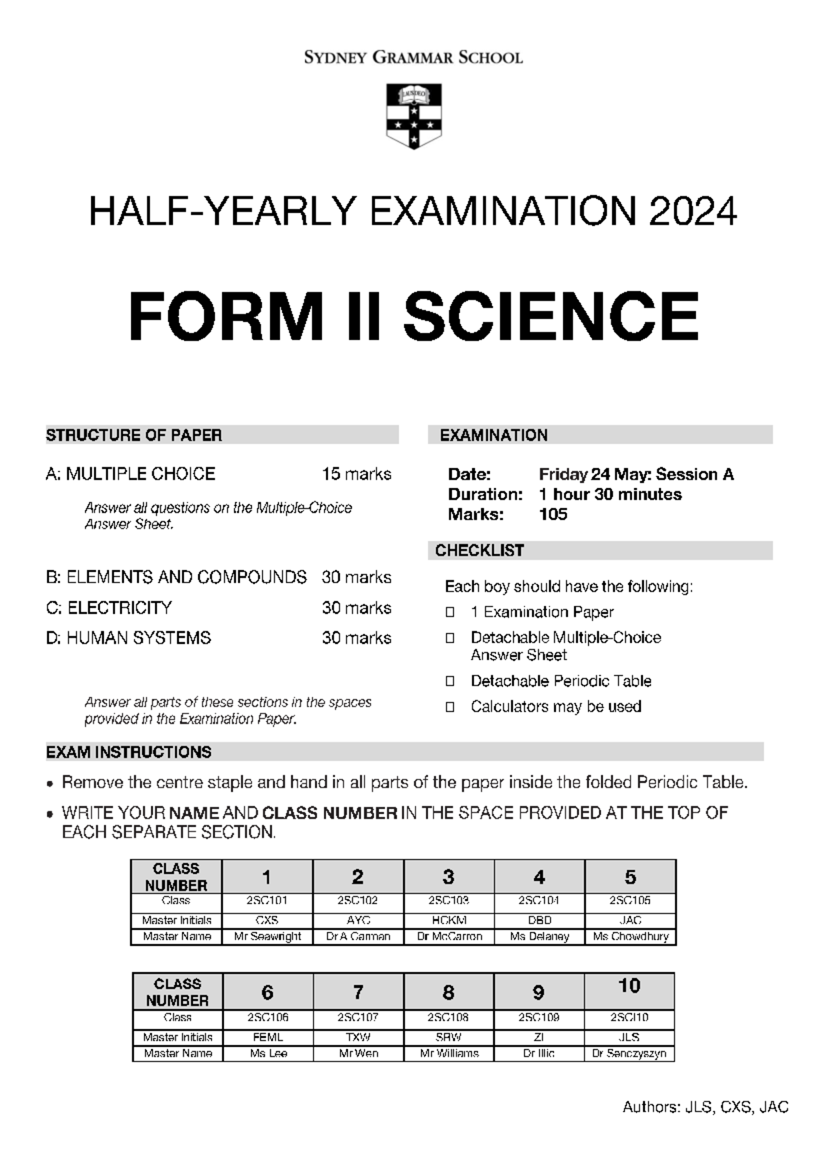2024 Science Form II Half-Yearly Exam - Sydney Grammar School - Studocu