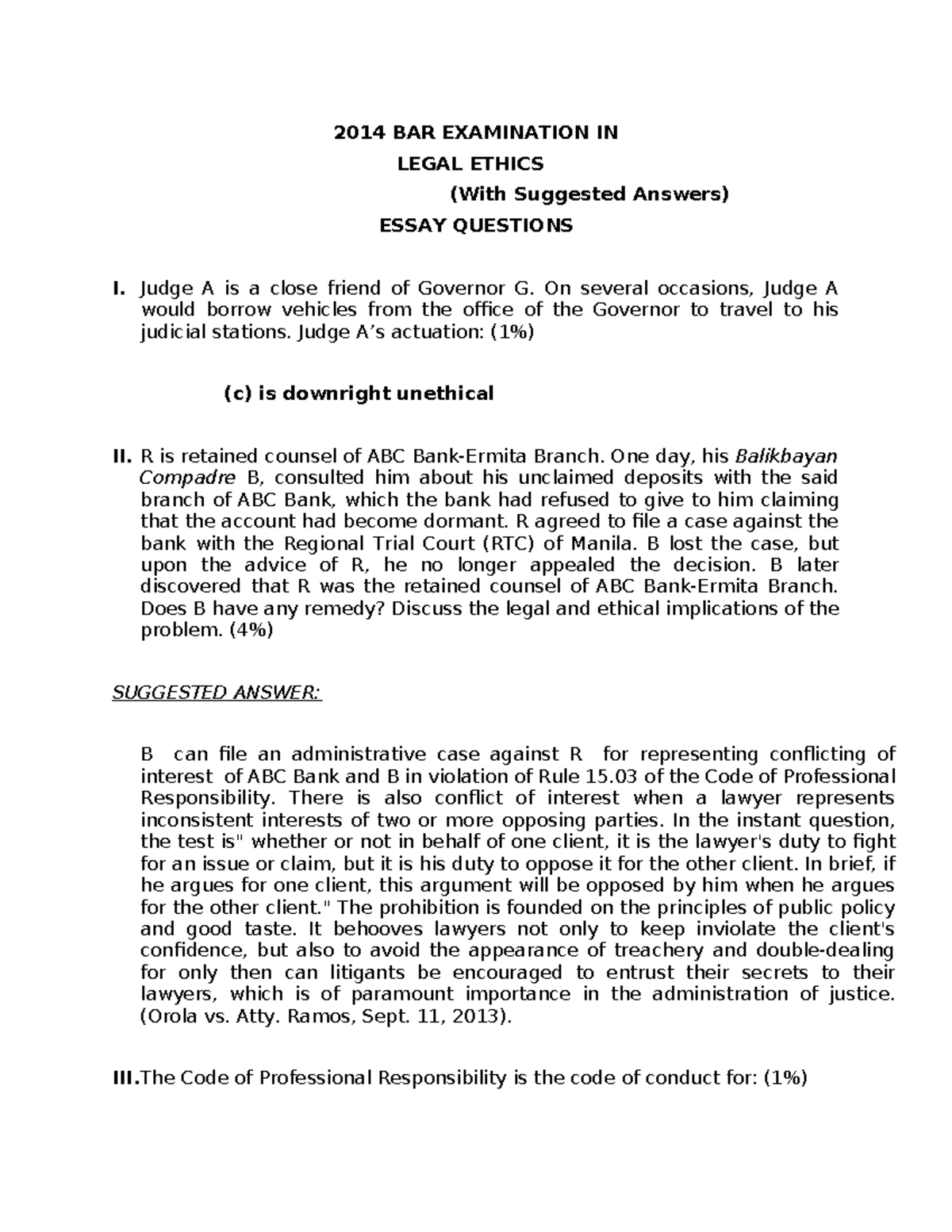 2014 BAR EXAM: LEGAL ETHICS ESSAY QUESTIONS & ANSWERS - Studocu