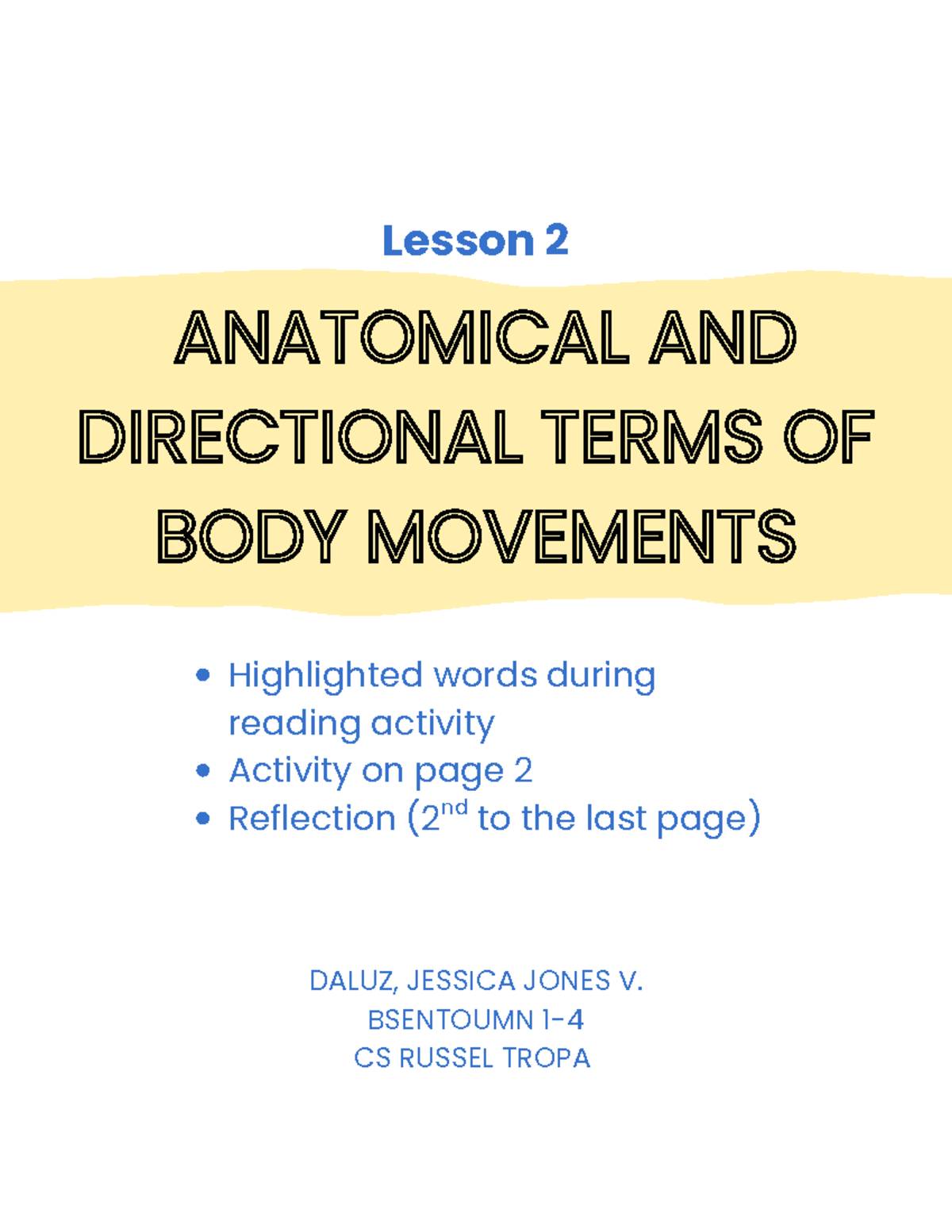 Lesson 2: Anatomical & Directional Terms of Body Movements (Pathfit 1 ...