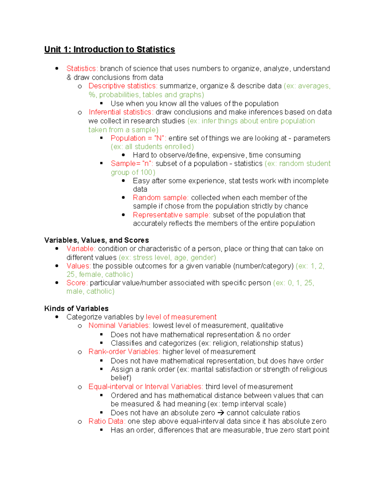 Unit 1 - Intro to Statistics: Descriptive & Inferential Analysis Notes ...