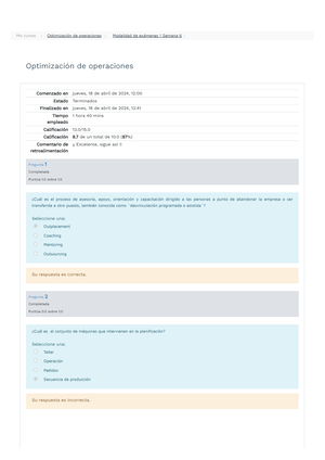 Modalidad de exámenes Semana 4 Revisión del intento - Optimización de operaciones Comenzado en ...