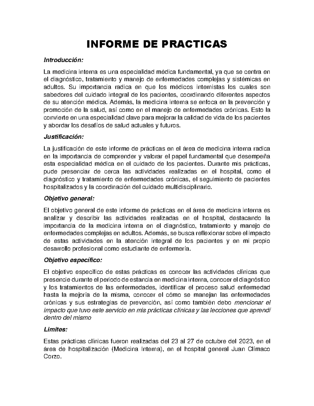 Informe de Prácticas en Medicina Interna - Octubre 2023 - Studocu