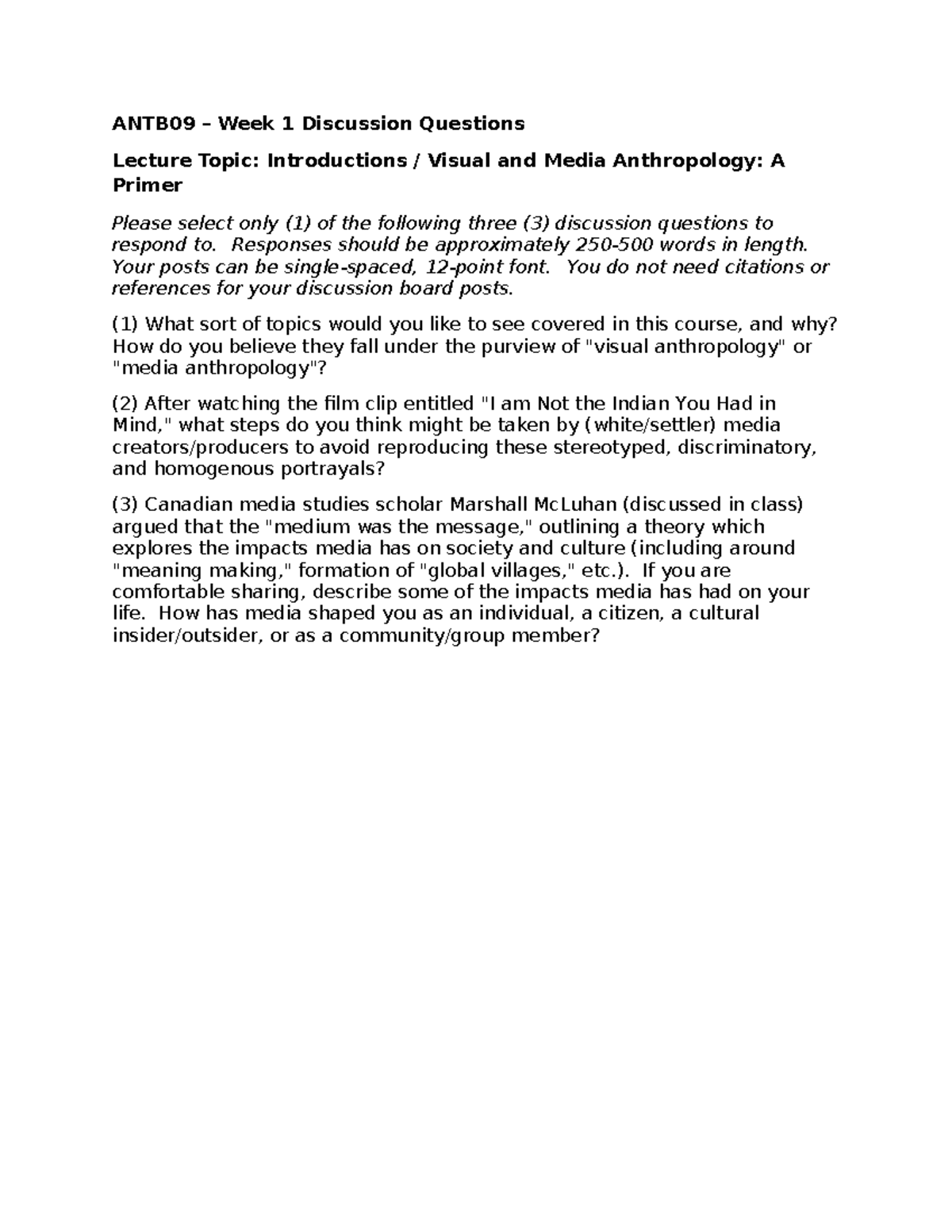ANTB09 Week 1 Discussion Questions: Media & Cultural Impact - Studocu