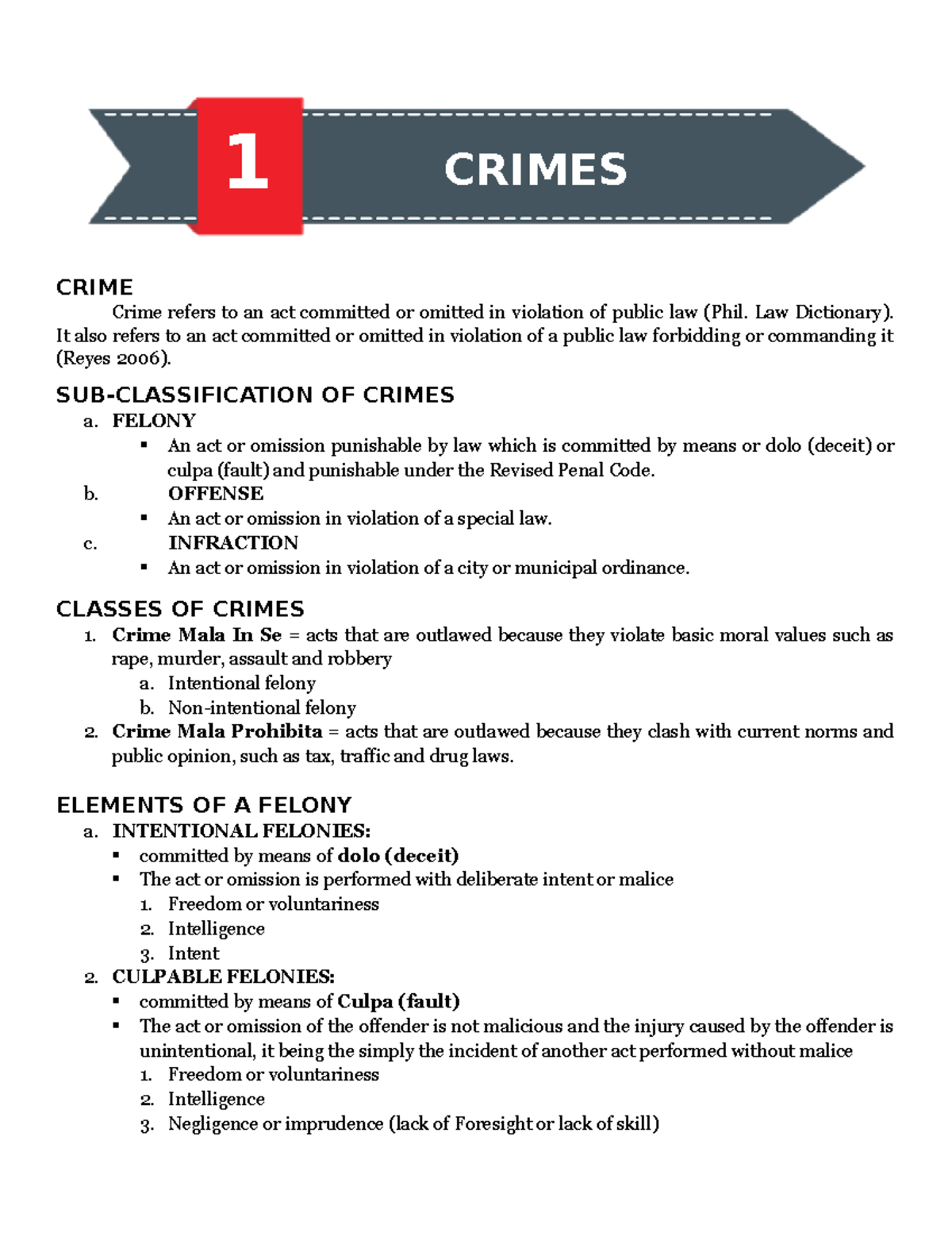 Crimsoc 1 Crimes - CRIME Crime refers to an act committed or omitted in violation of public law ...