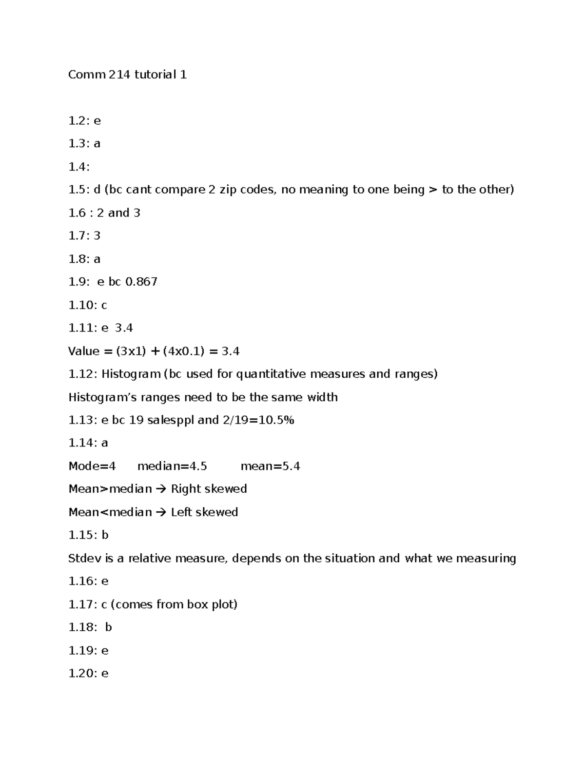 Comm 214 tutorial 1 - Comm 214 tutorial 1 1: e 1: a 1: 1: d (bc cant compare 2 zip codes, no ...