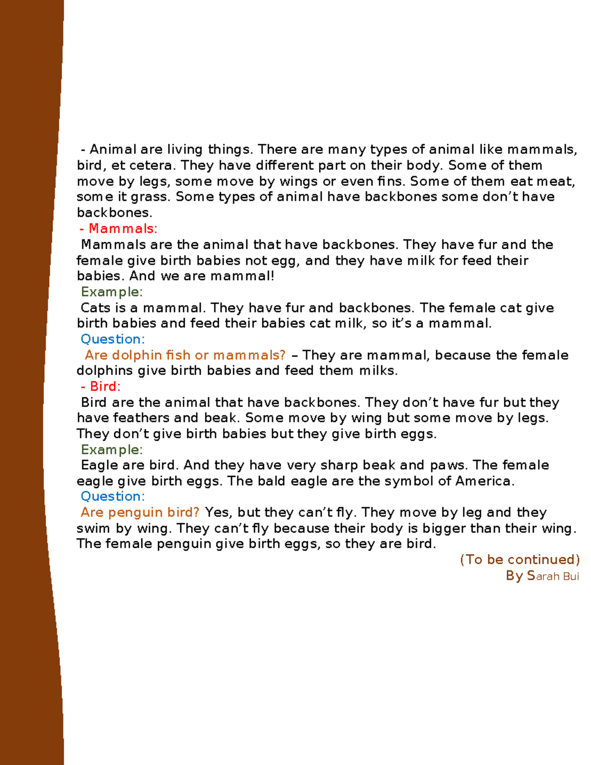 Animal Types: Mammals, Birds, and Their Characteristics - Studocu