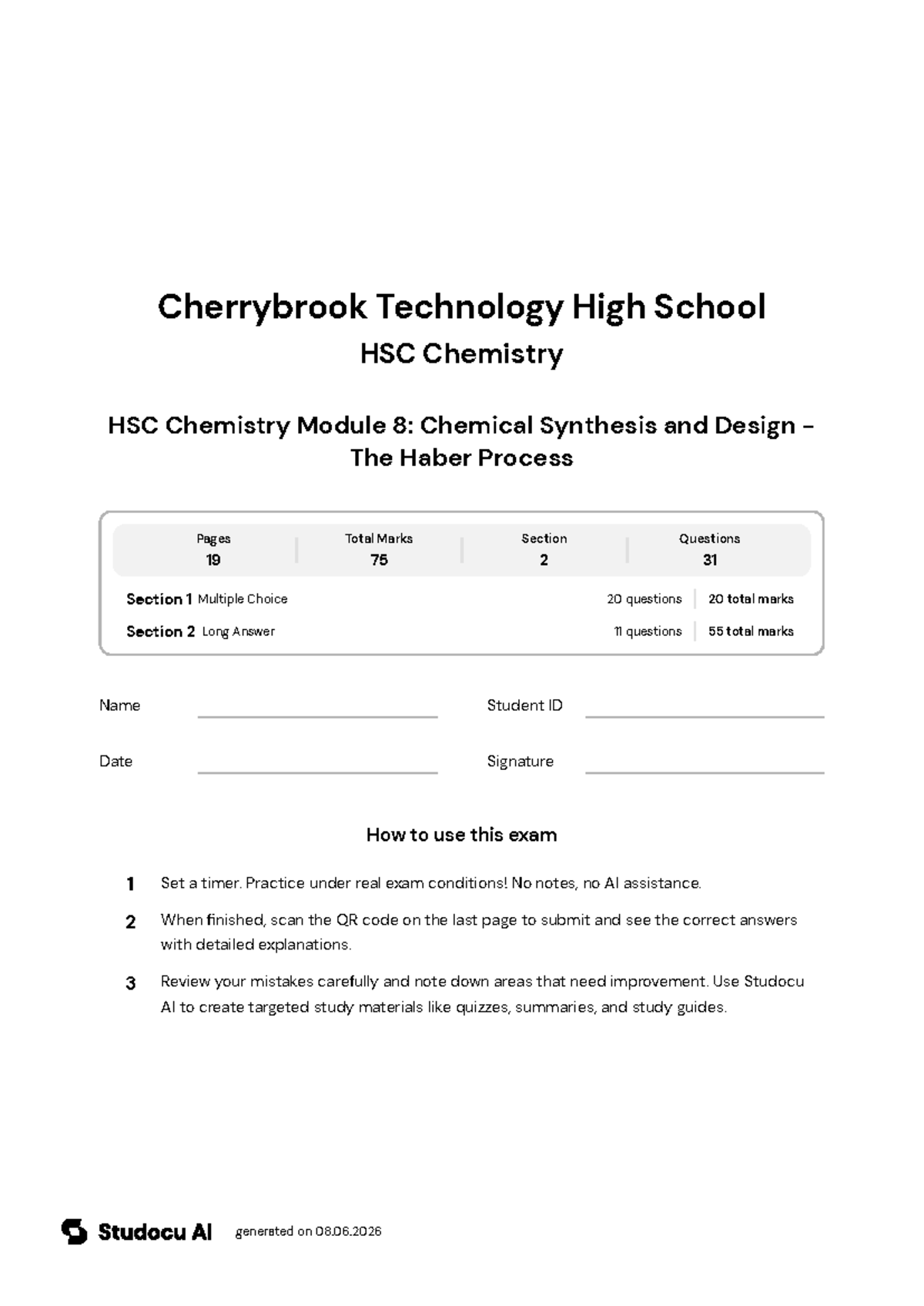 HSC Chemistry Module 8: Final Exam on Haber Process - Studocu