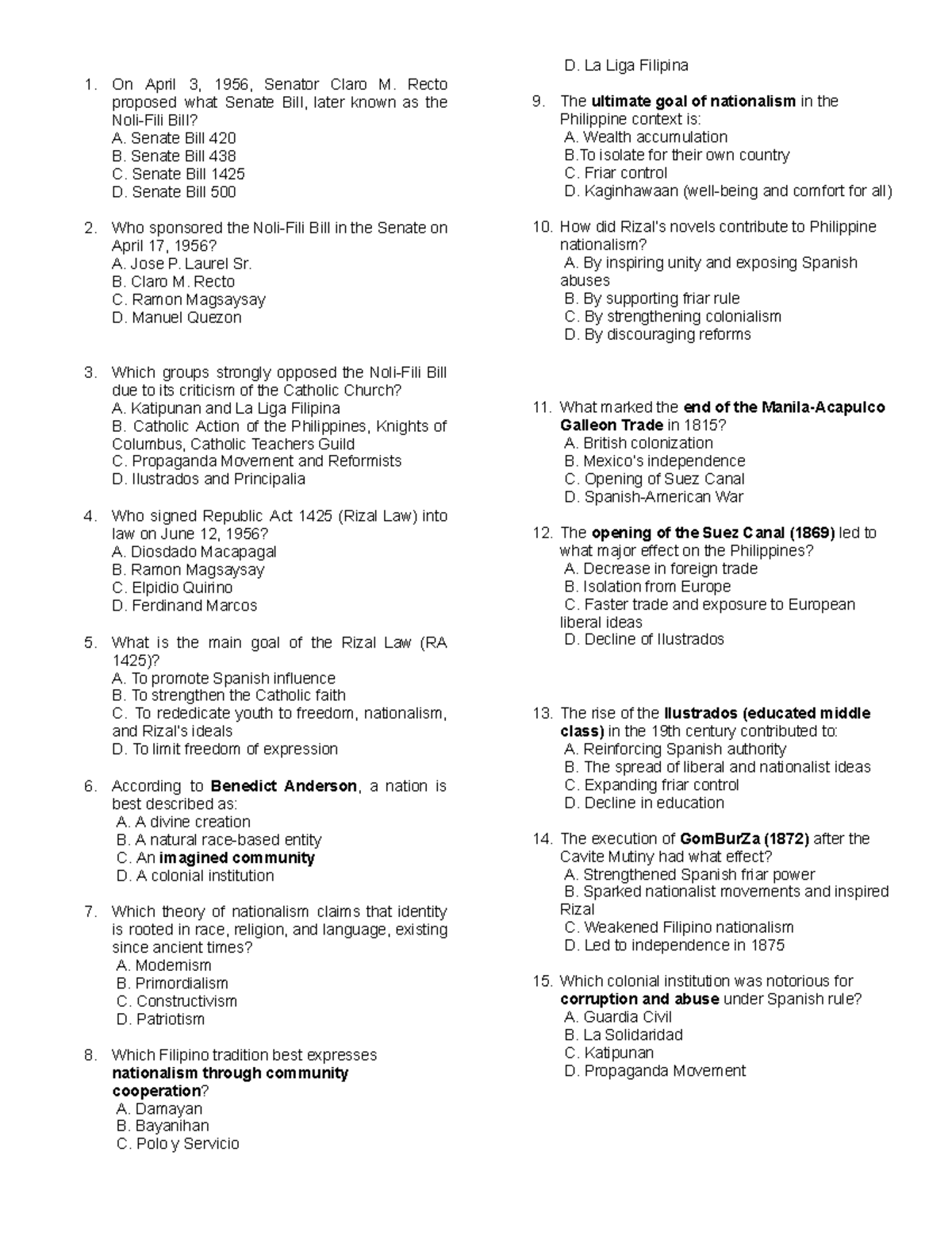 LIFE AND WORKS OF RIZAL: Sample Quiz (Course Code: RA 1425) - Studocu