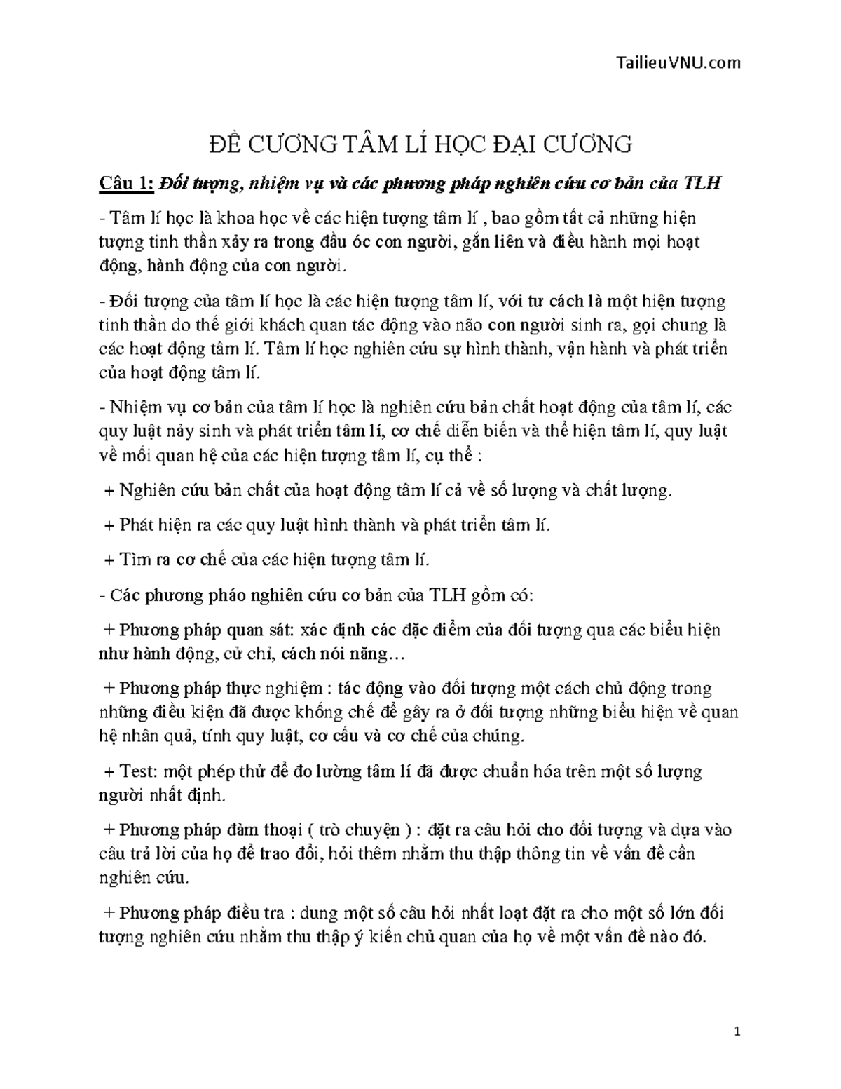 Câu hỏi và nội dung Tâm lý học đại cương - USSH (20 trang) - Studocu