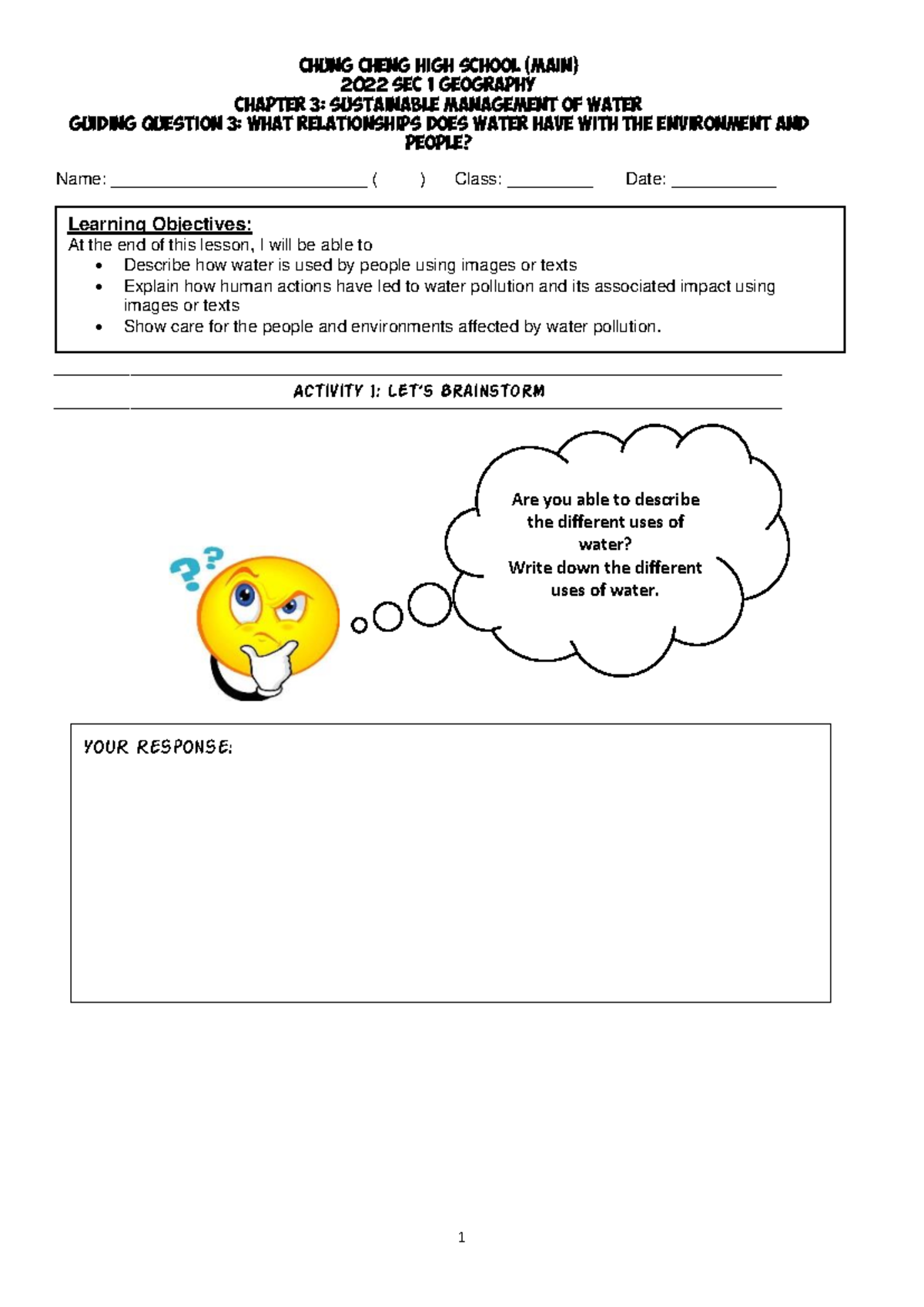 Chung Cheng High School (Main) 2022 Sec 1 Geo Lesson Notes: Water GQ3 ...
