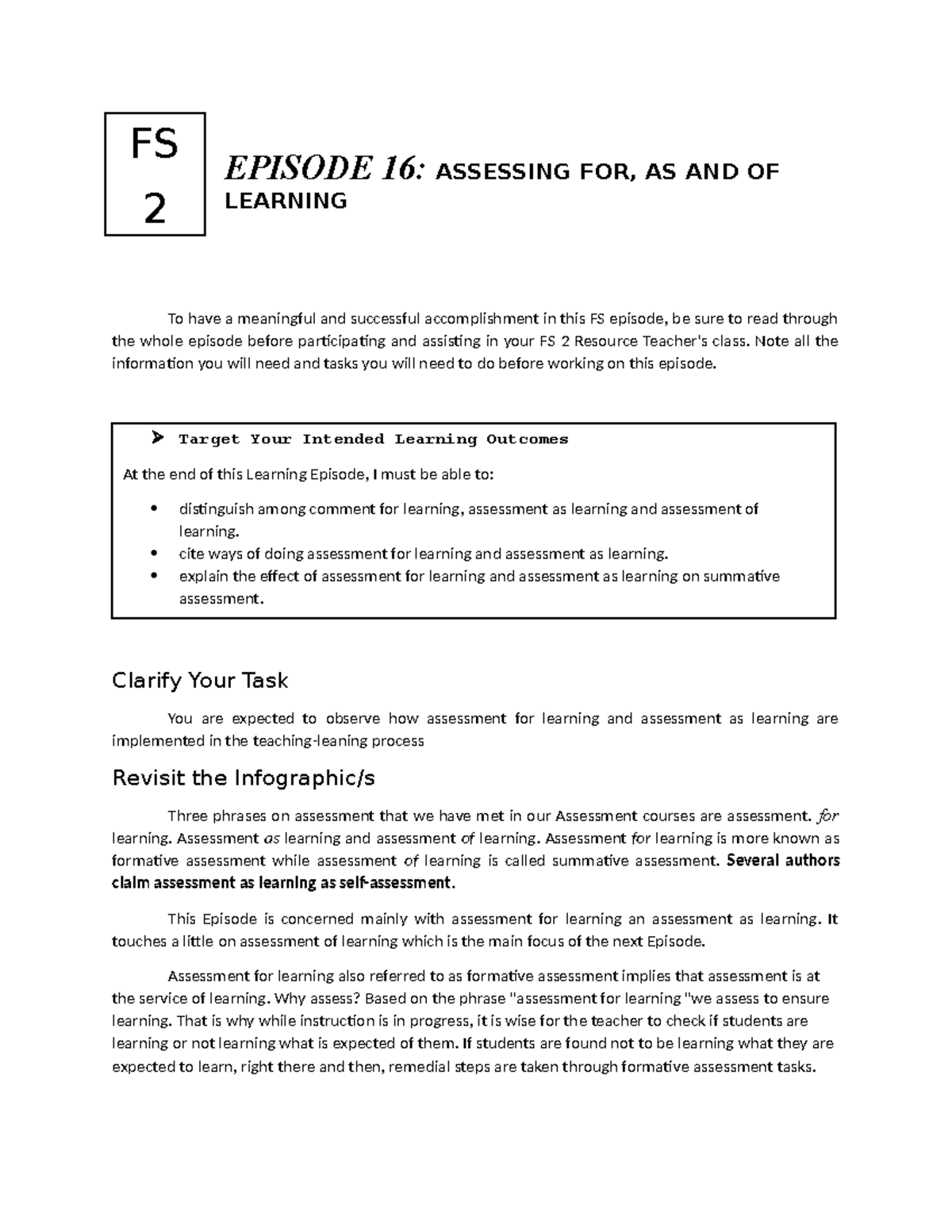 FS2-EPS16: Understanding Assessment for, as, and of Learning - Studocu