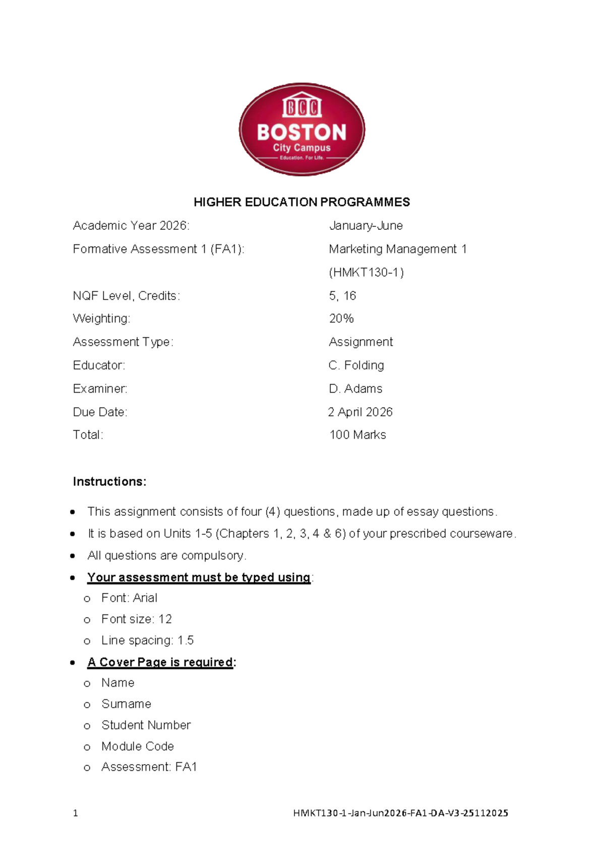 HMKT130-1: Formative Assessment 1 - Marketing Management - Studocu