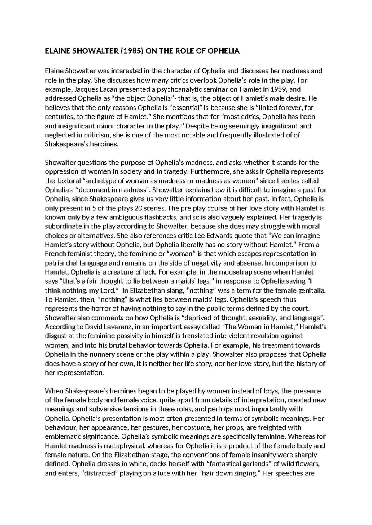 ELAINE SHOWALTER (1985): ANALYSIS OF OPHELIA'S ROLE IN HAMLET - Studocu