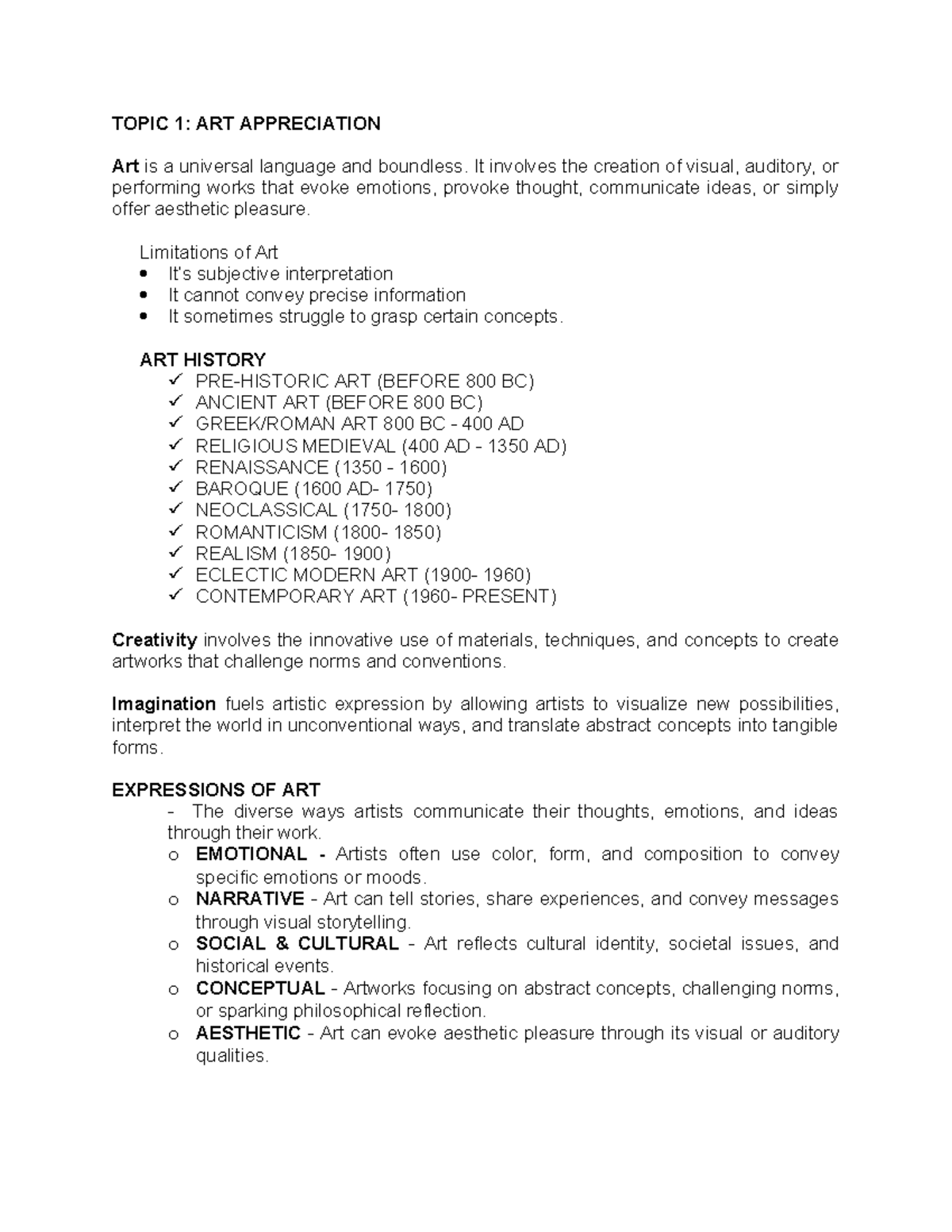 ART APP Topics - Midterm Study Notes on Art Appreciation - Studocu