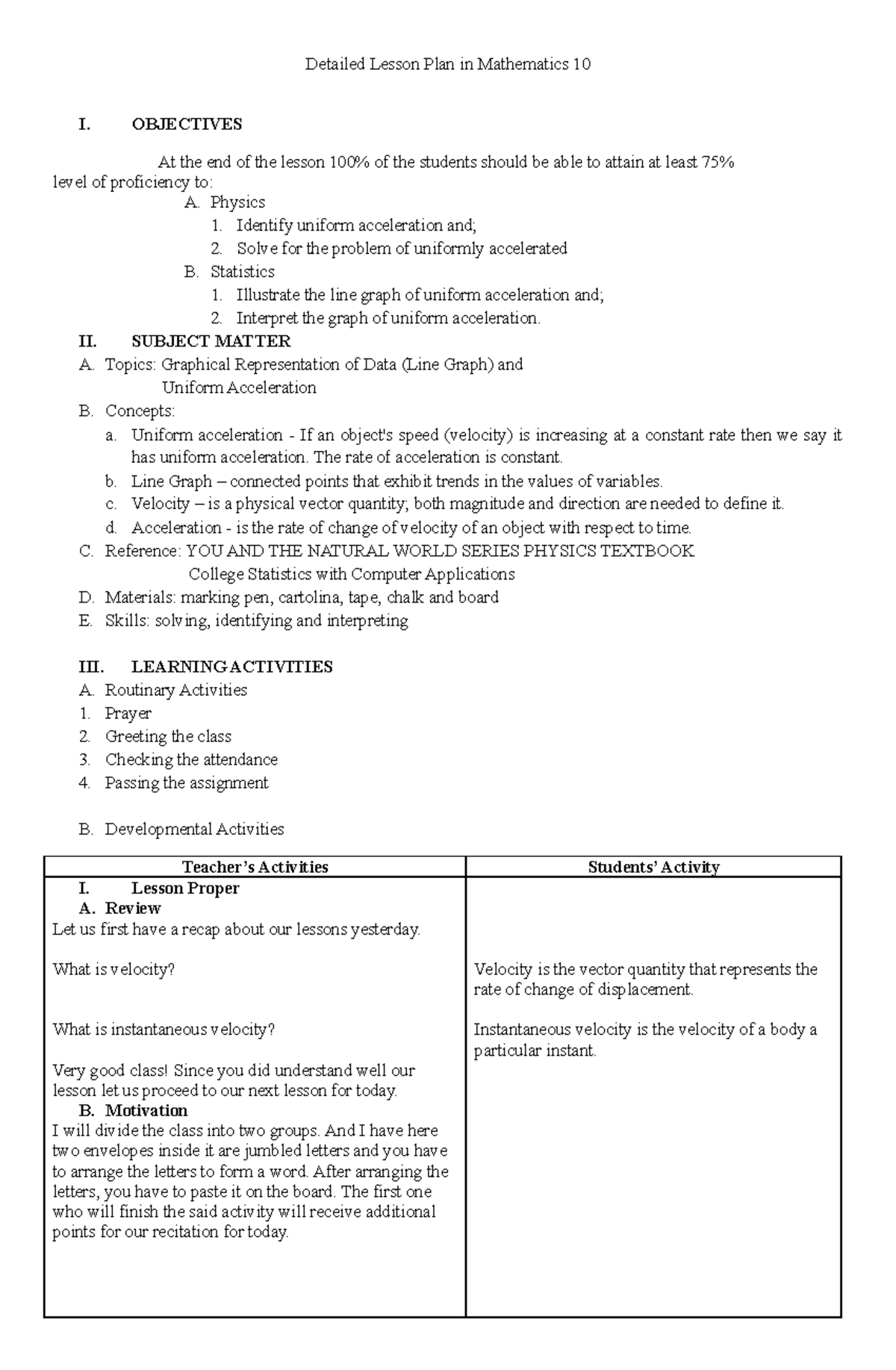 Lesson Plan about Velocity - Detailed Lesson Plan in Mathematics 10 I ...