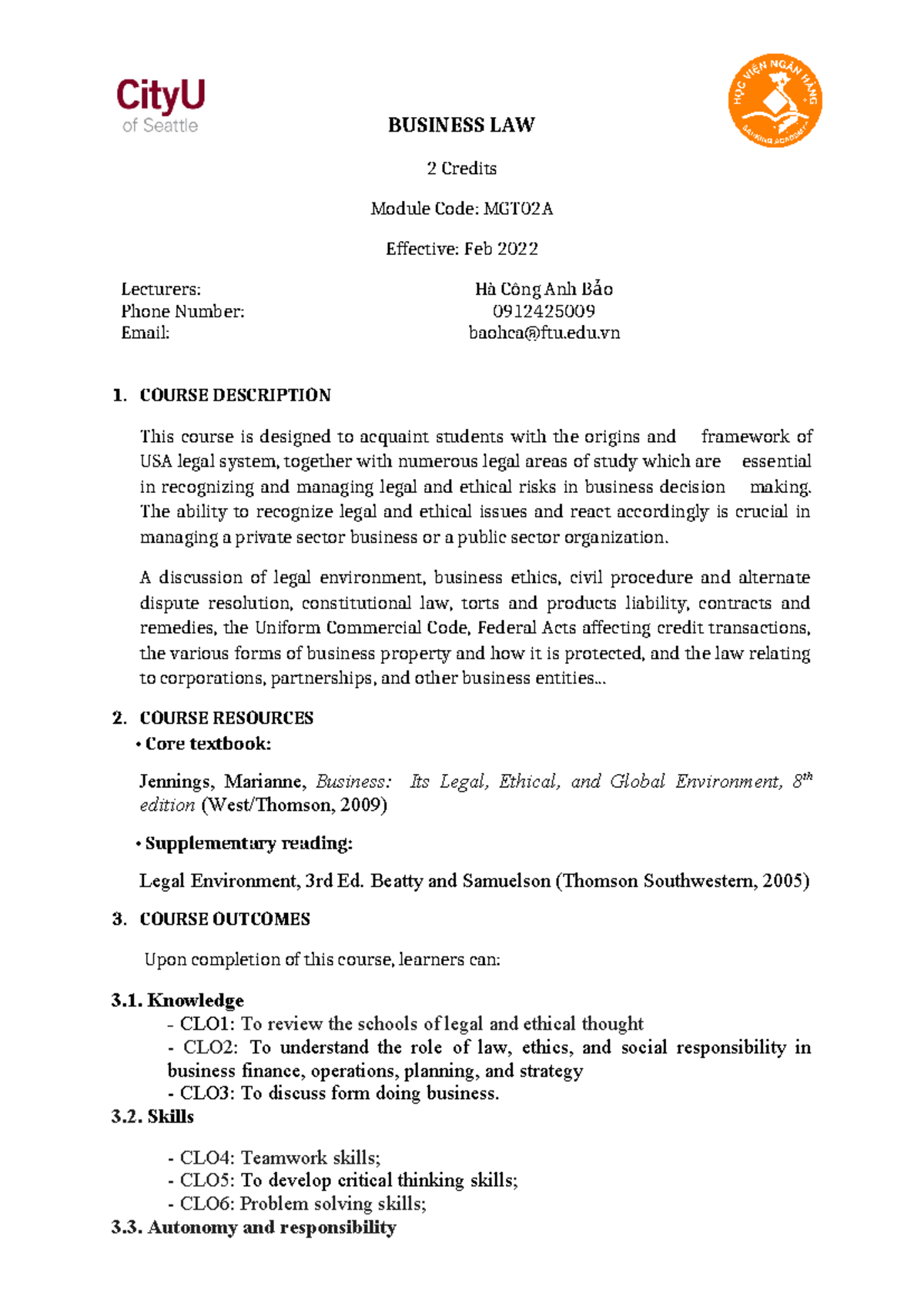 MGT02A Business Law Syllabus & Course Outline (Effective Feb 2022 ...