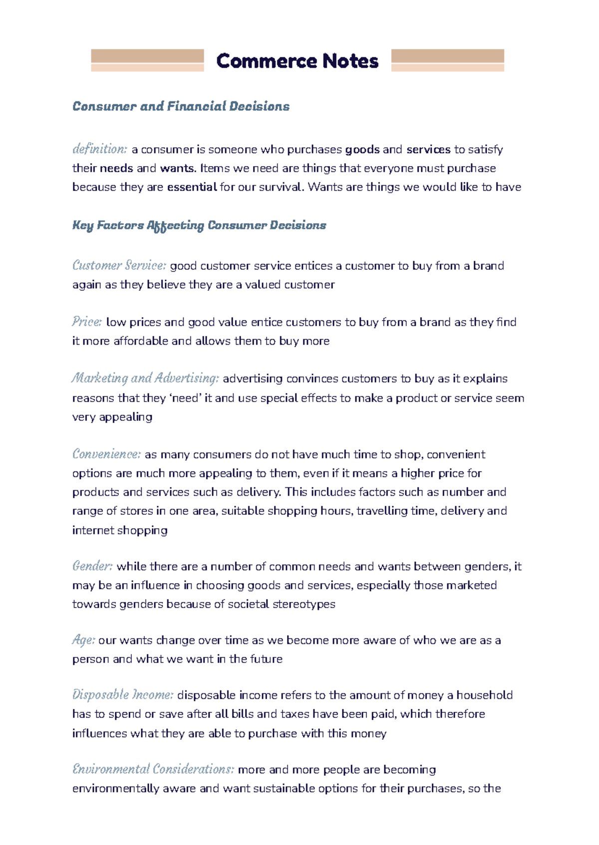 Commerce Notes: Consumer & Financial Decisions Overview - Studocu