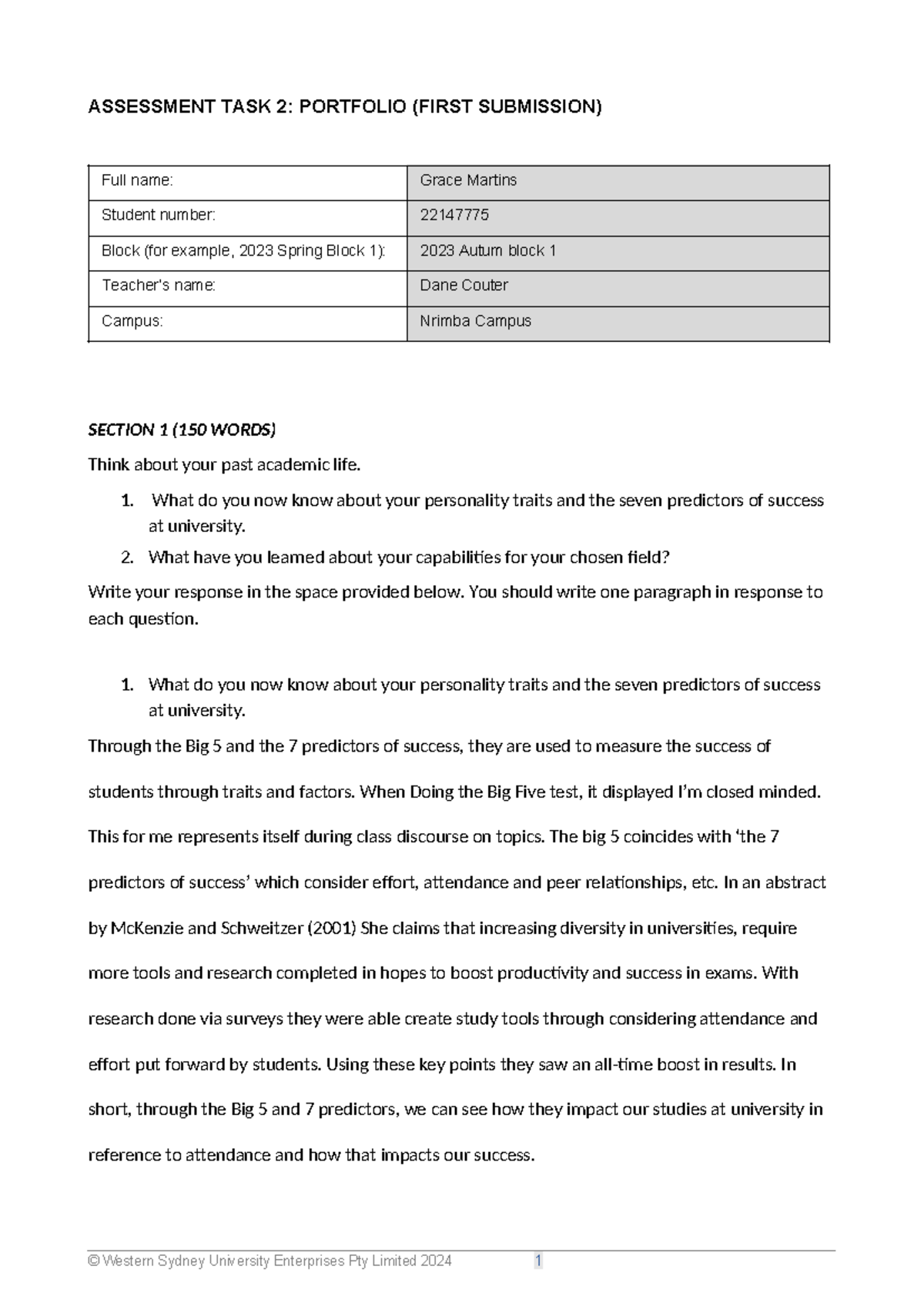 GEDU1001 Assessment 2: Portfolio Reflection and Insights 2024 - Studocu