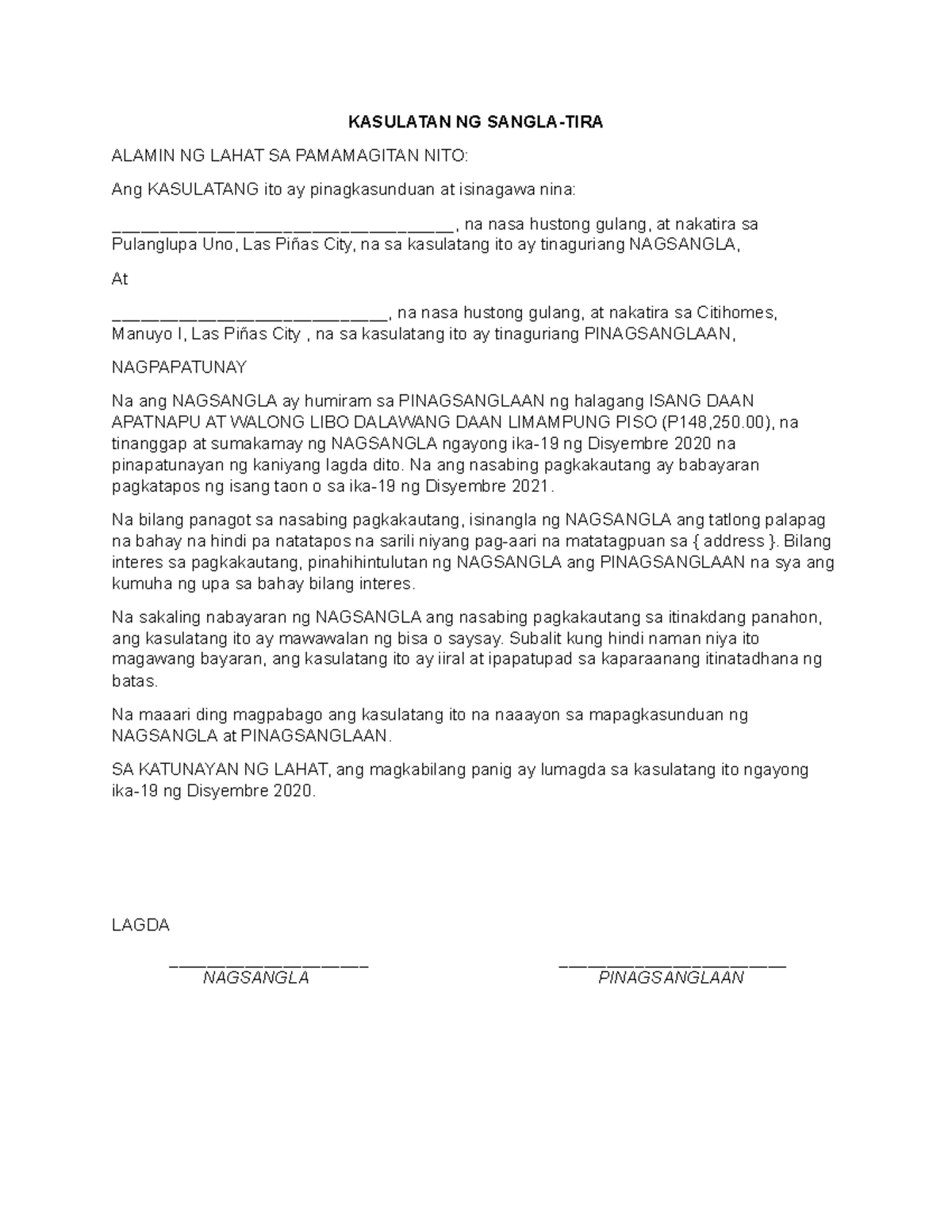 Kasulatan ng Sangla - Kontrata ng Pautang at Kasunduan - Studocu