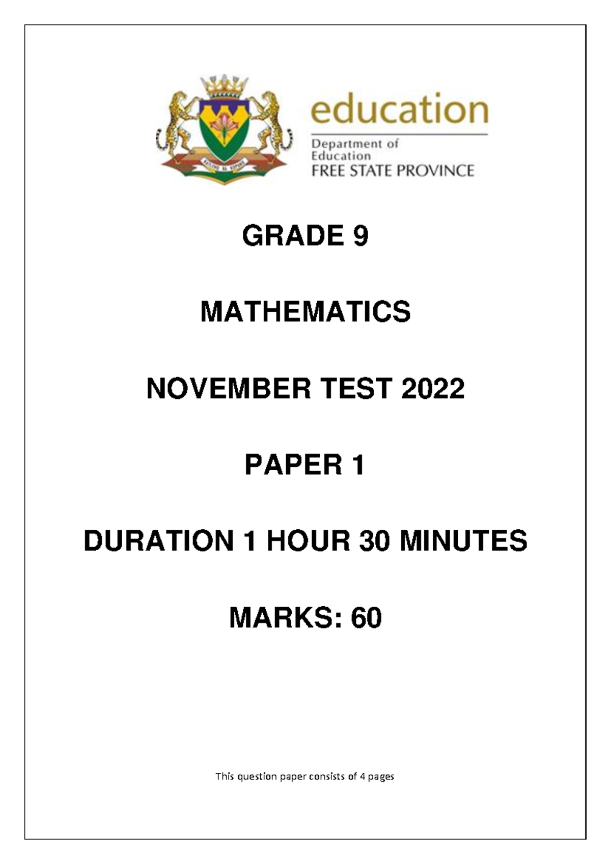 Grade 9 Mathematics November Test 2022 Paper 1 - Final Exam - Studocu