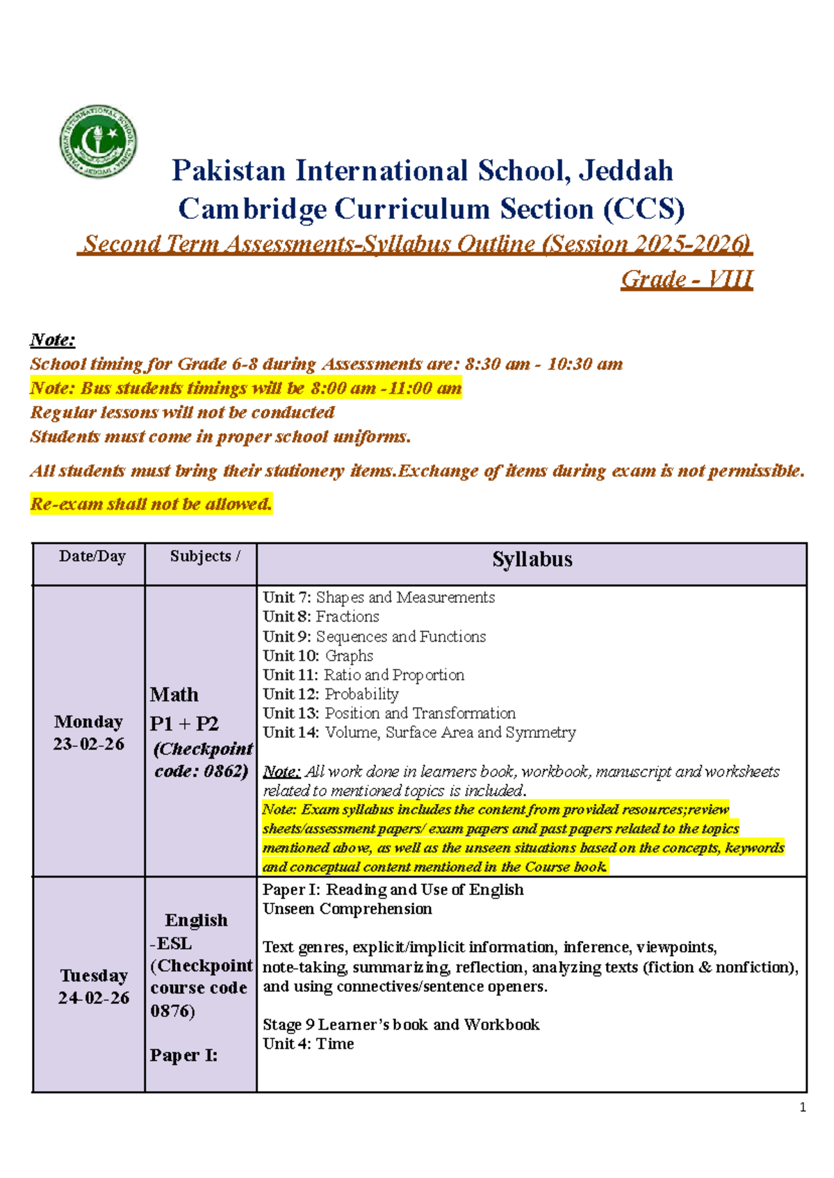 Grade 8 Second Term Assessment Syllabus Outline (CCS) - Studocu