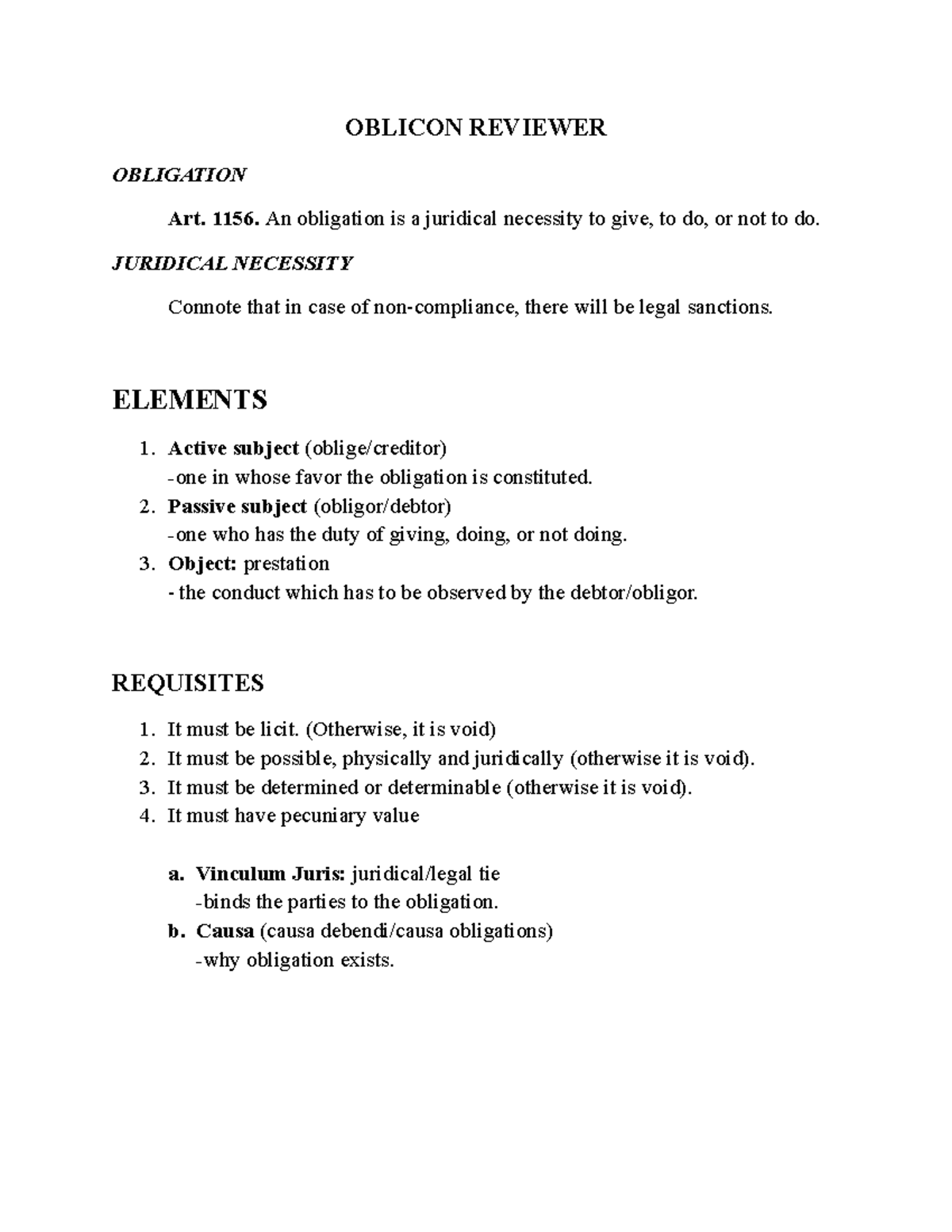 Oblicon Reviewer - OBLICON REVIEWER OBLIGATION Art. 1156. An obligation ...
