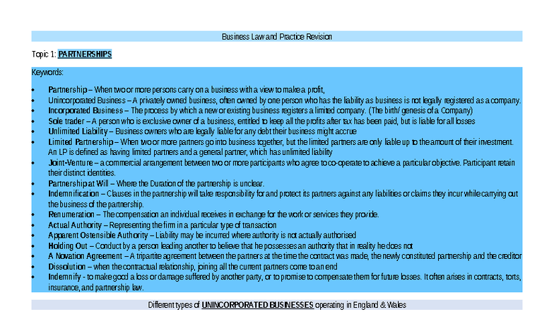 Business Law & Practice Revision: Topic 1 - Partnerships Overview - Studocu