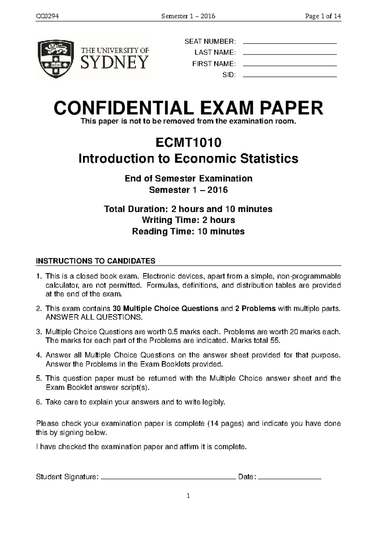 ECMT1010 Semester 1 2016 Final Exam Paper - Economic Statistics - Studocu