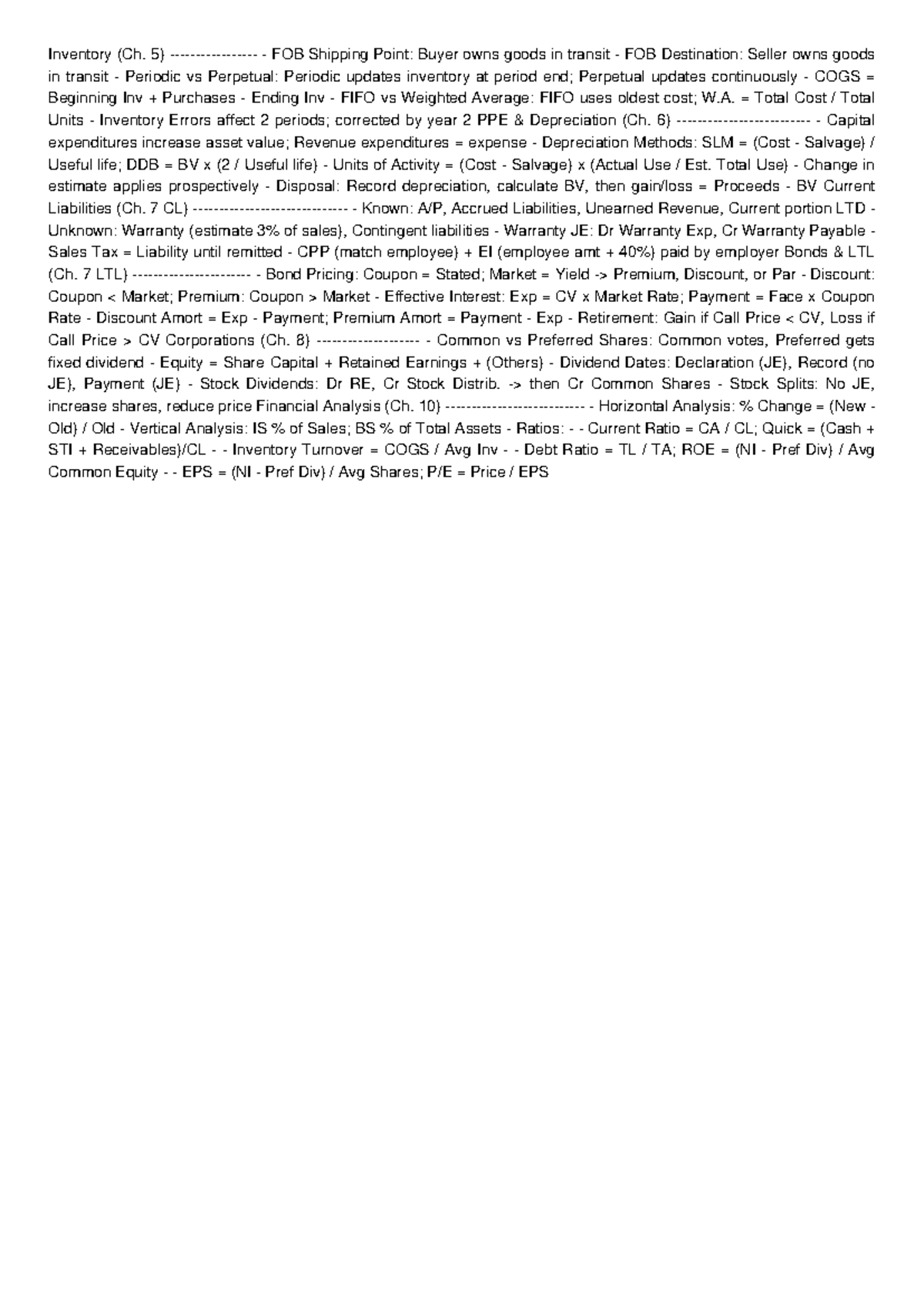 Accounting Crib Sheet: Inventory, Depreciation, Liabilities & Analysis ...