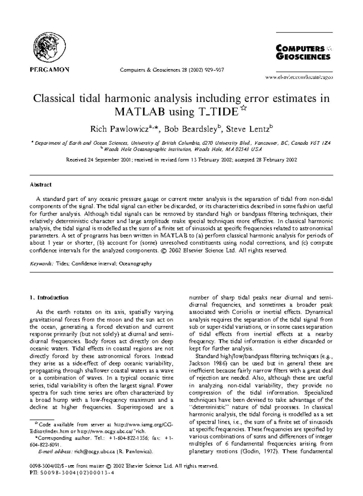 Classical Tidal Harmonic Analysis in MATLAB: Error Estimates (Pawlowicz ...