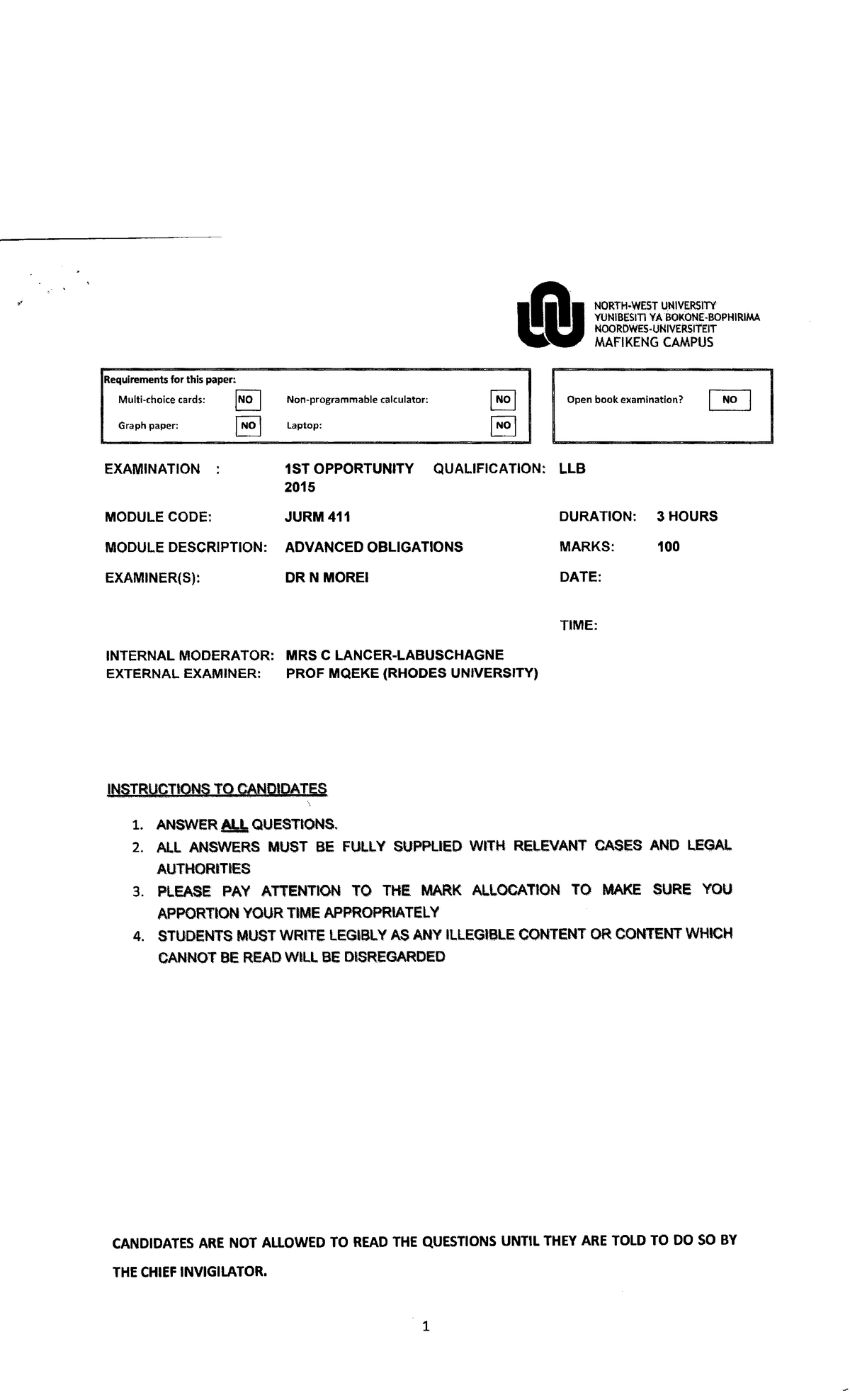 first and second opportunity practice exam papers - •' Requirements for ...