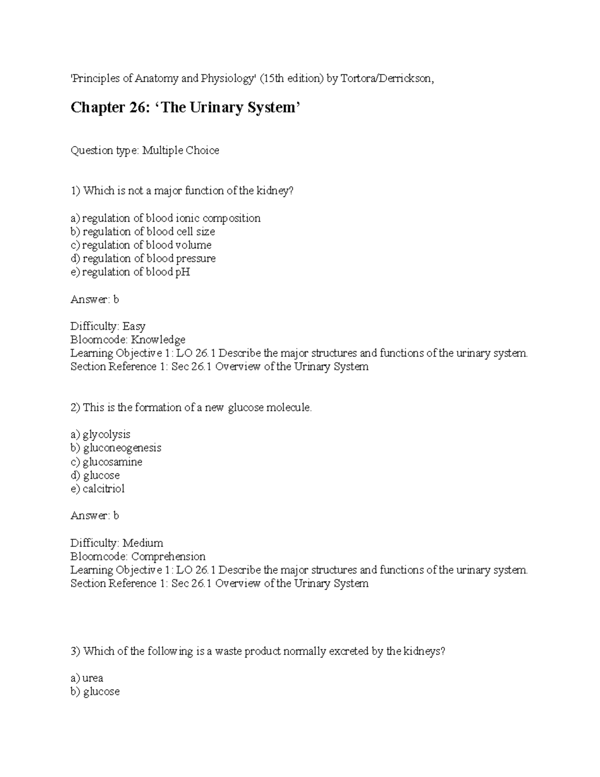 Tortora A&P Chapter 26: The Urinary System MCQs & Key Concepts - Studocu