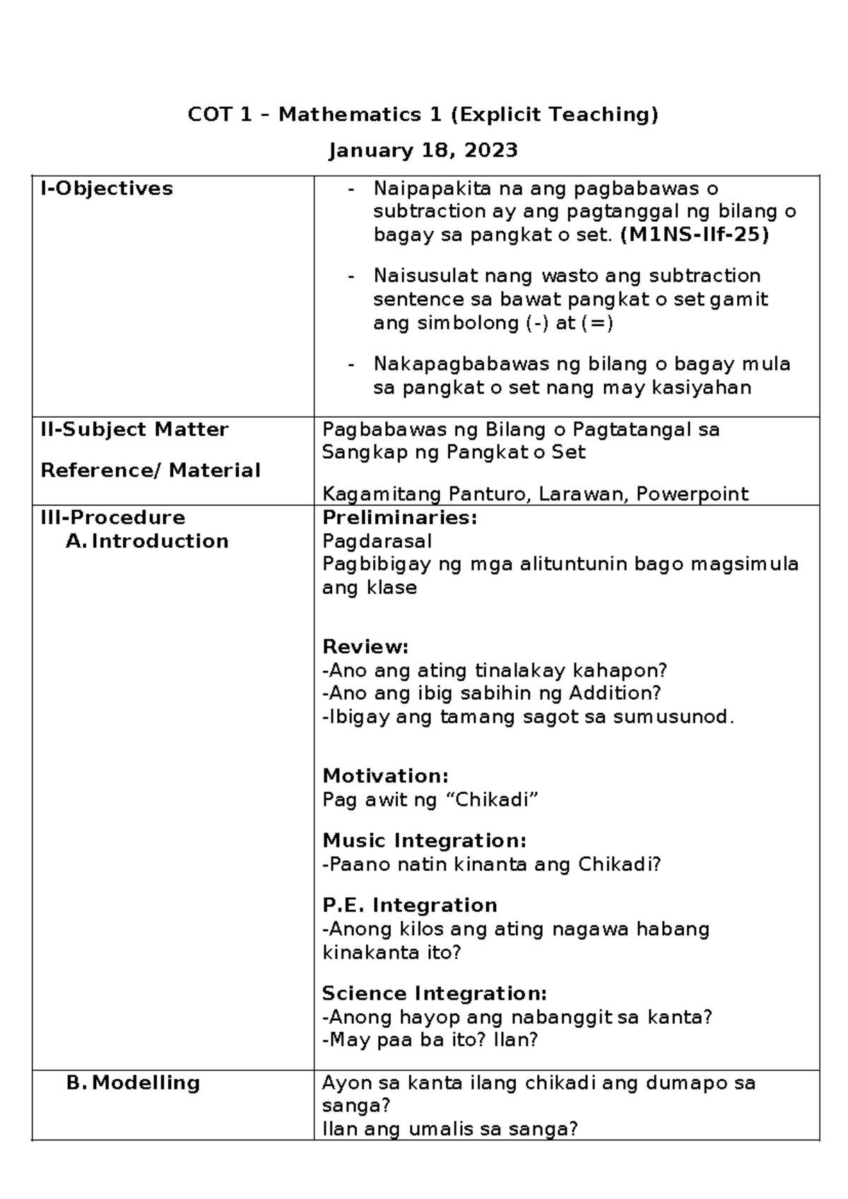 Subtraction Grade 1 - COT 1 – Mathematics 1 (Explicit Teaching) January ...