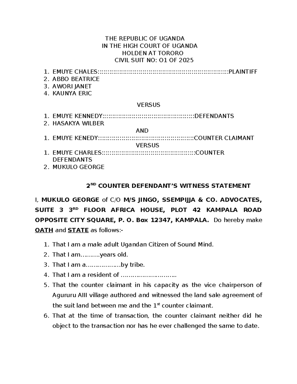 Civil Suit No. O1 of 2025: Mukulo George Witness Statement - Studocu