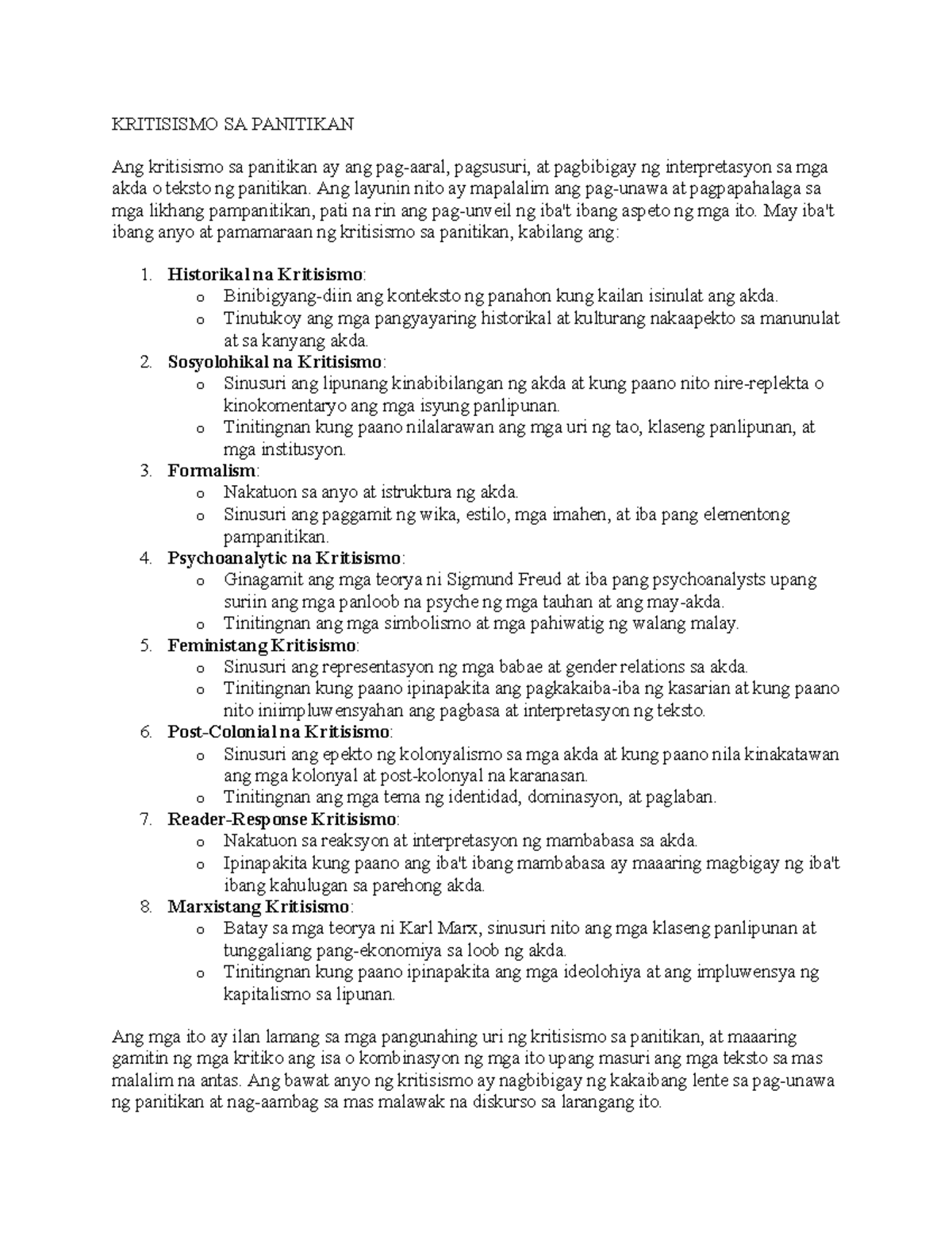 Kritisismo sa Panitikan: Mga Uri at Pagsusuri ng Akda - Studocu