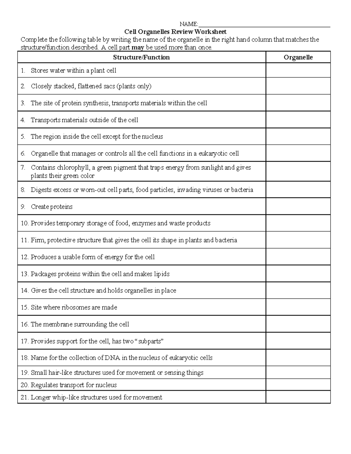 Cell Organelle Review Worksheet: Key Functions & Structures - Studocu