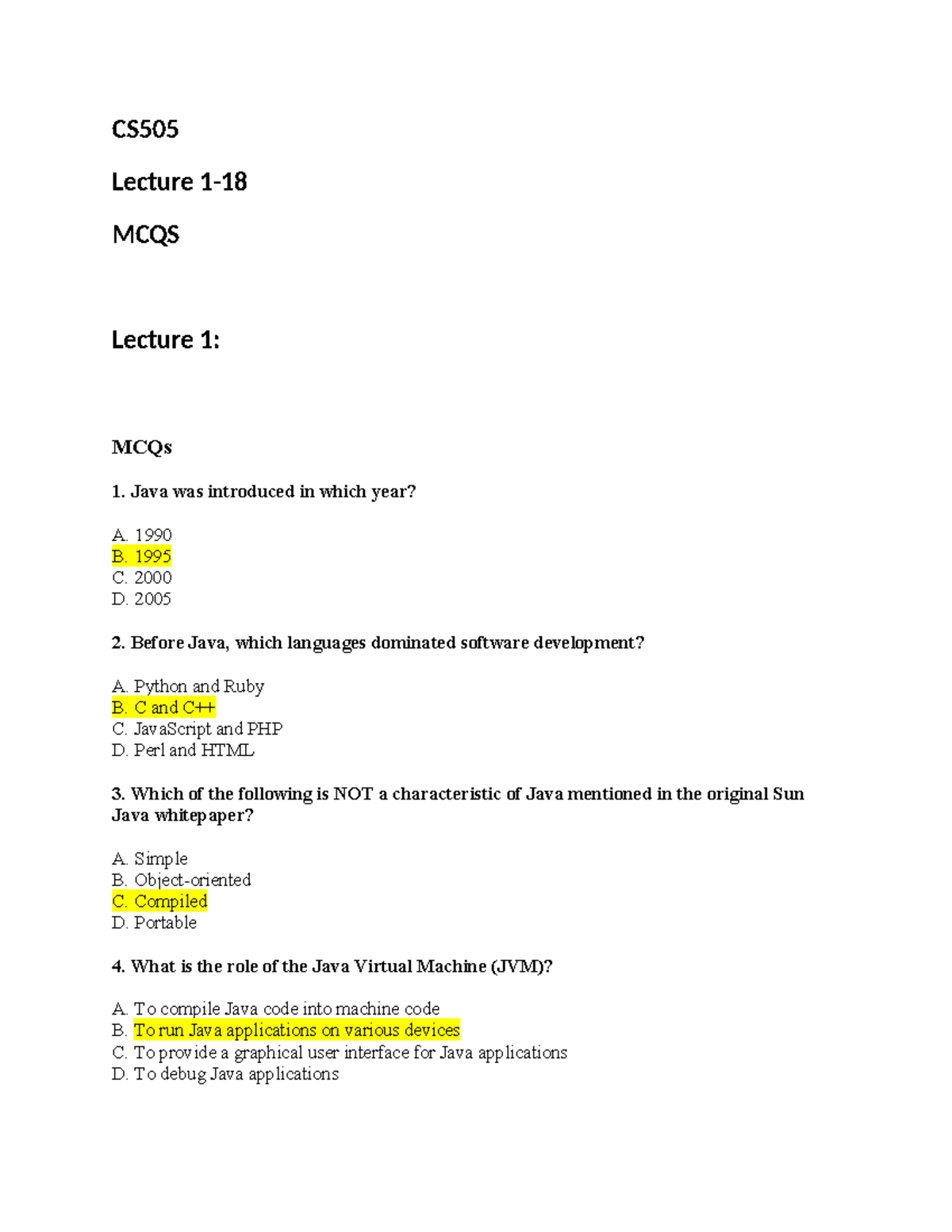 CS506 MCQS - CS Lecture 1- MCQS Lecture 1: MCQs 1. Java was introduced ...
