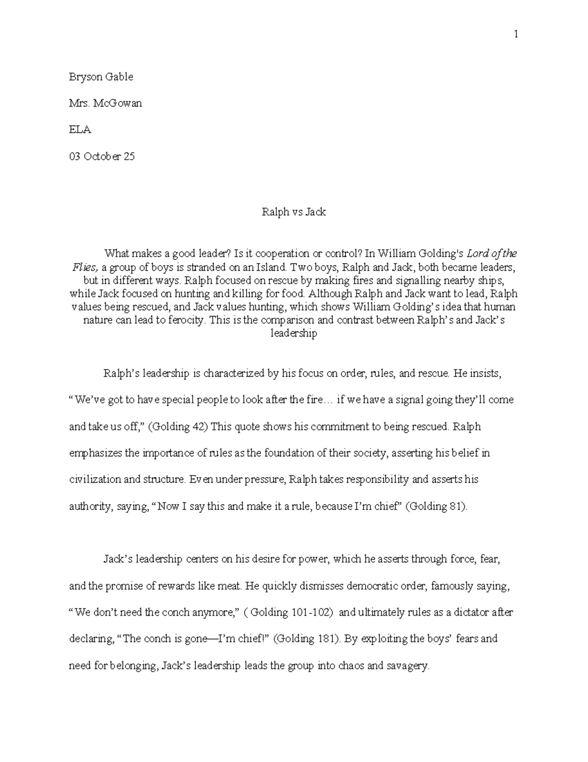 ELA 03 Essay Notes: Leadership in Lord of the Flies - Ralph vs Jack ...