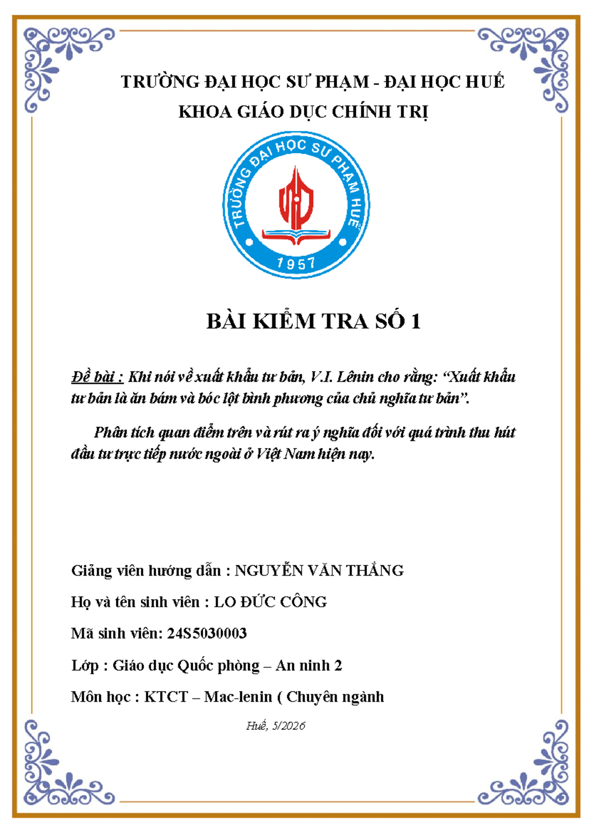 BÀI KIỂM TRA SỐ 1: PHÂN TÍCH QUAN ĐIỂM CỦA V.I. LÊNIN VỀ XUẤT KHẨU TƯ ...
