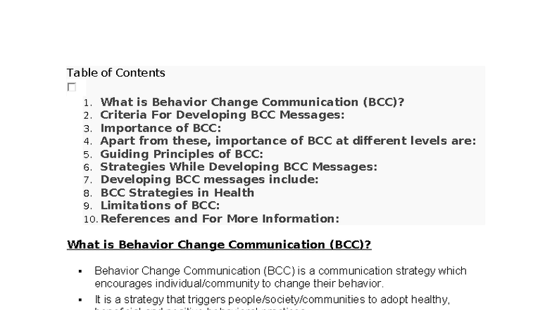 BCC Model Notes - Class Session on Behavior Change Communication - Studocu