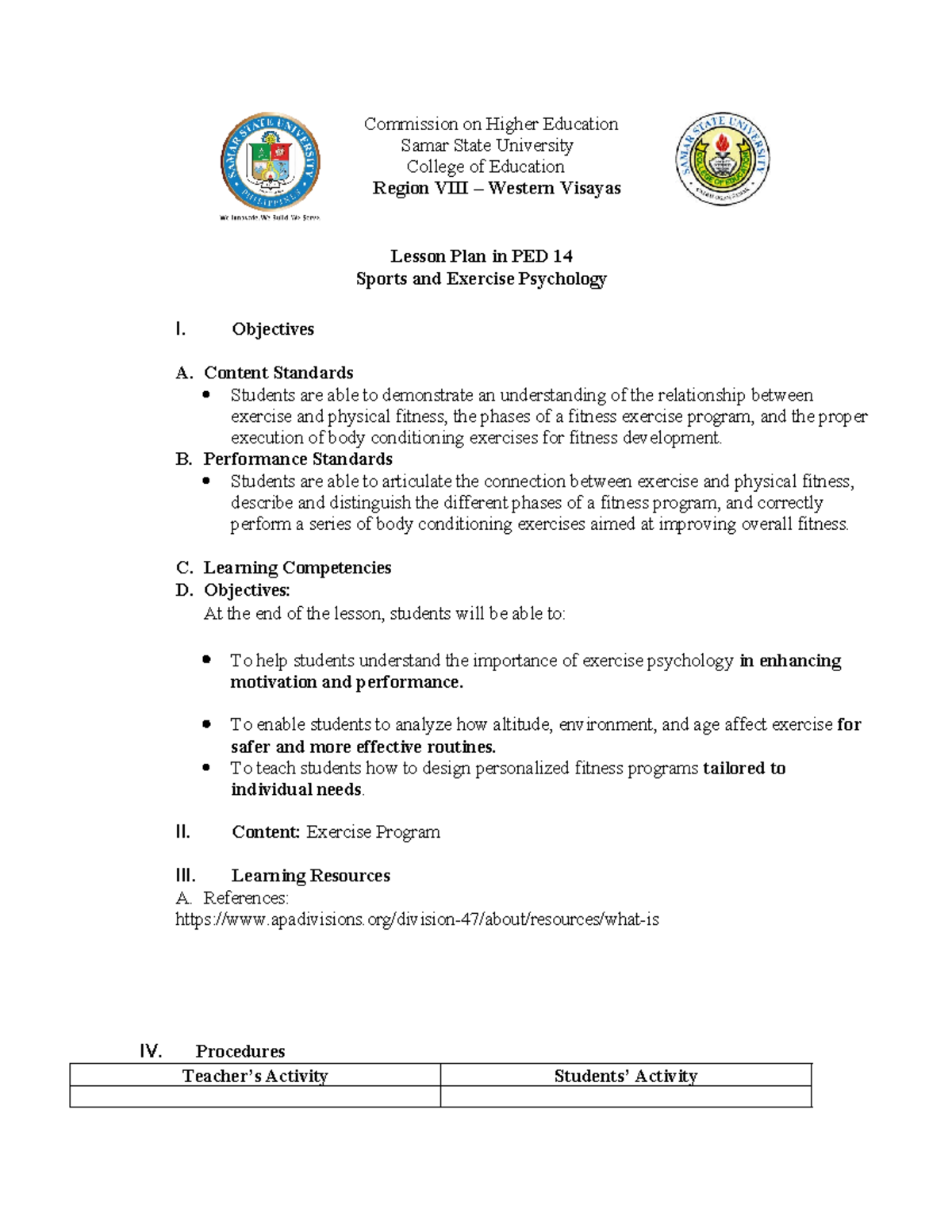 Lesson Plan for the Subject PED 14 - Commission on Higher Education ...