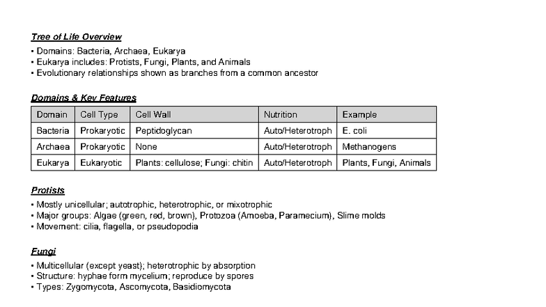 Tree of Life Overview: Domains & Key Features Cheat Sheet - Studocu